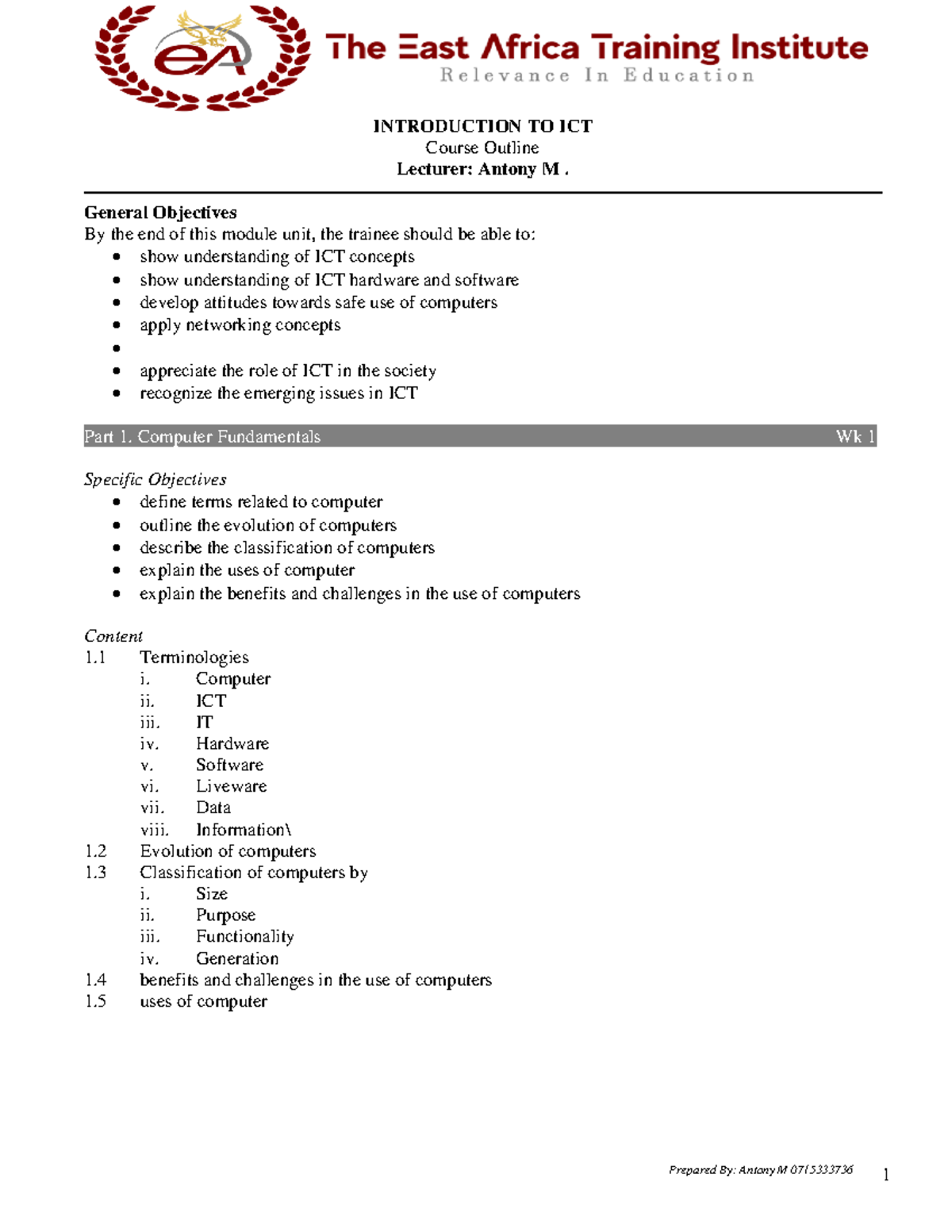 Intro to ICT Course Outline - Module Overview and Objectives - Studocu