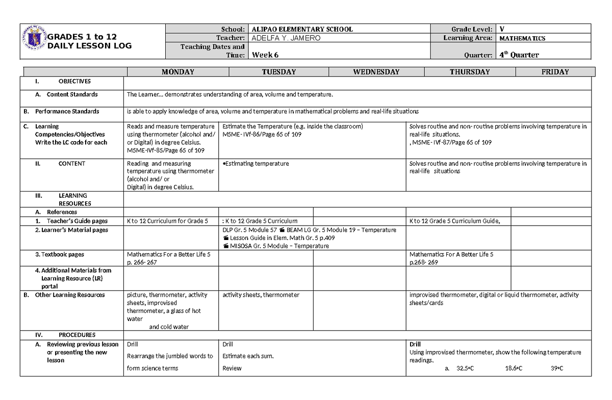 Grade 5 DLL MATH 5 Q4 Week 6 - GRADES 1 to 12 DAILY LESSON LOG School: ALIPAO ELEMENTARY SCHOOL ...