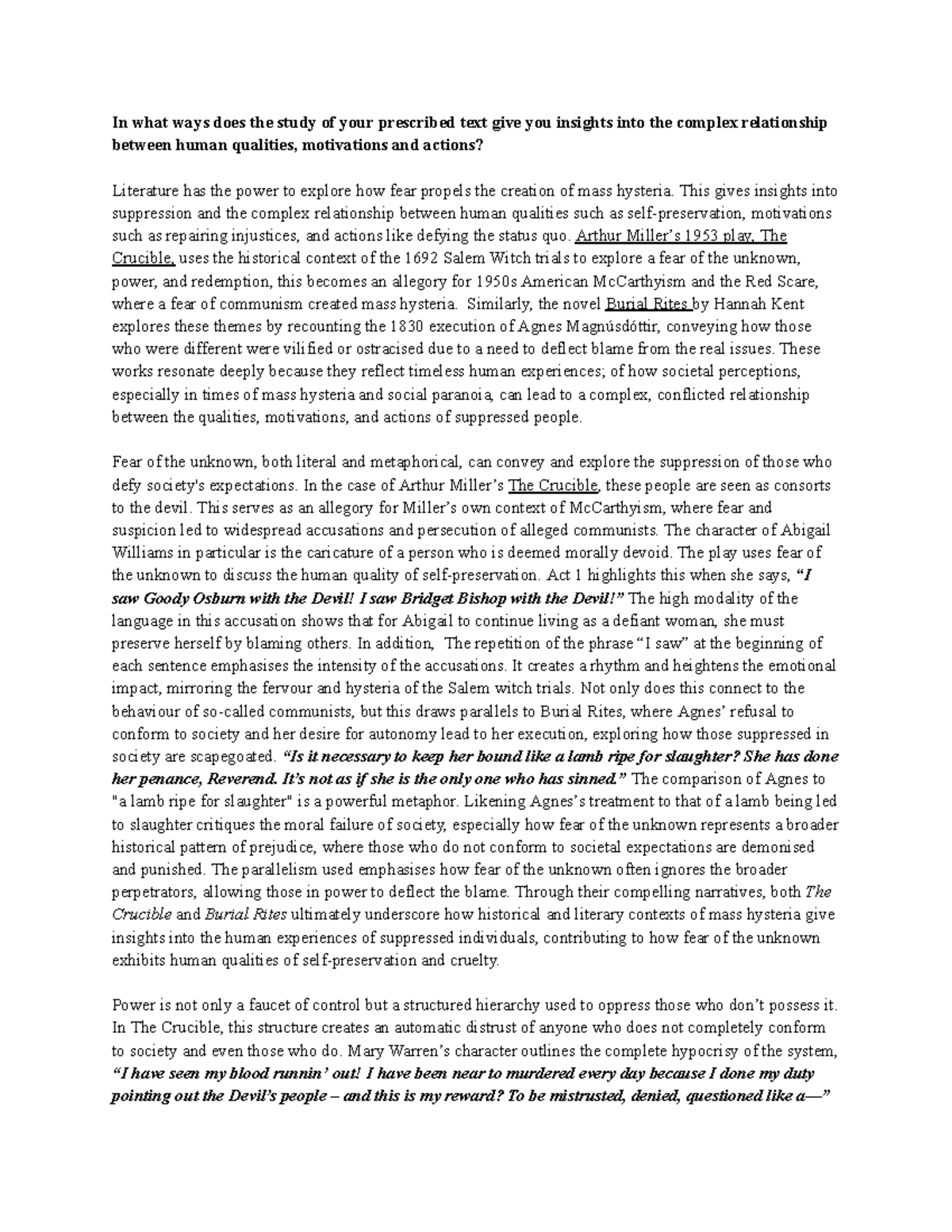 Adv Essay - The Crucible - In what ways does the study of your ...