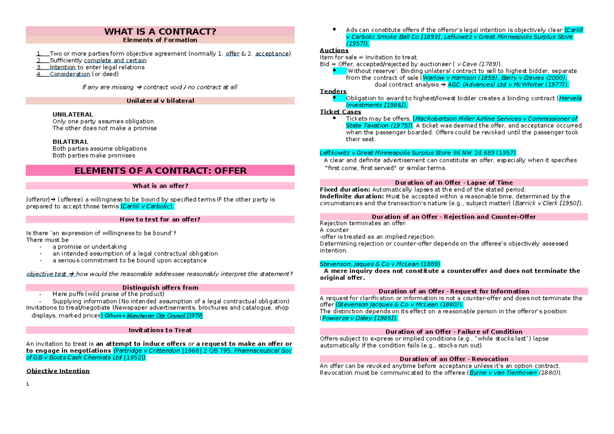 Exam Notes on Contract Law (LAW101) - Studocu
