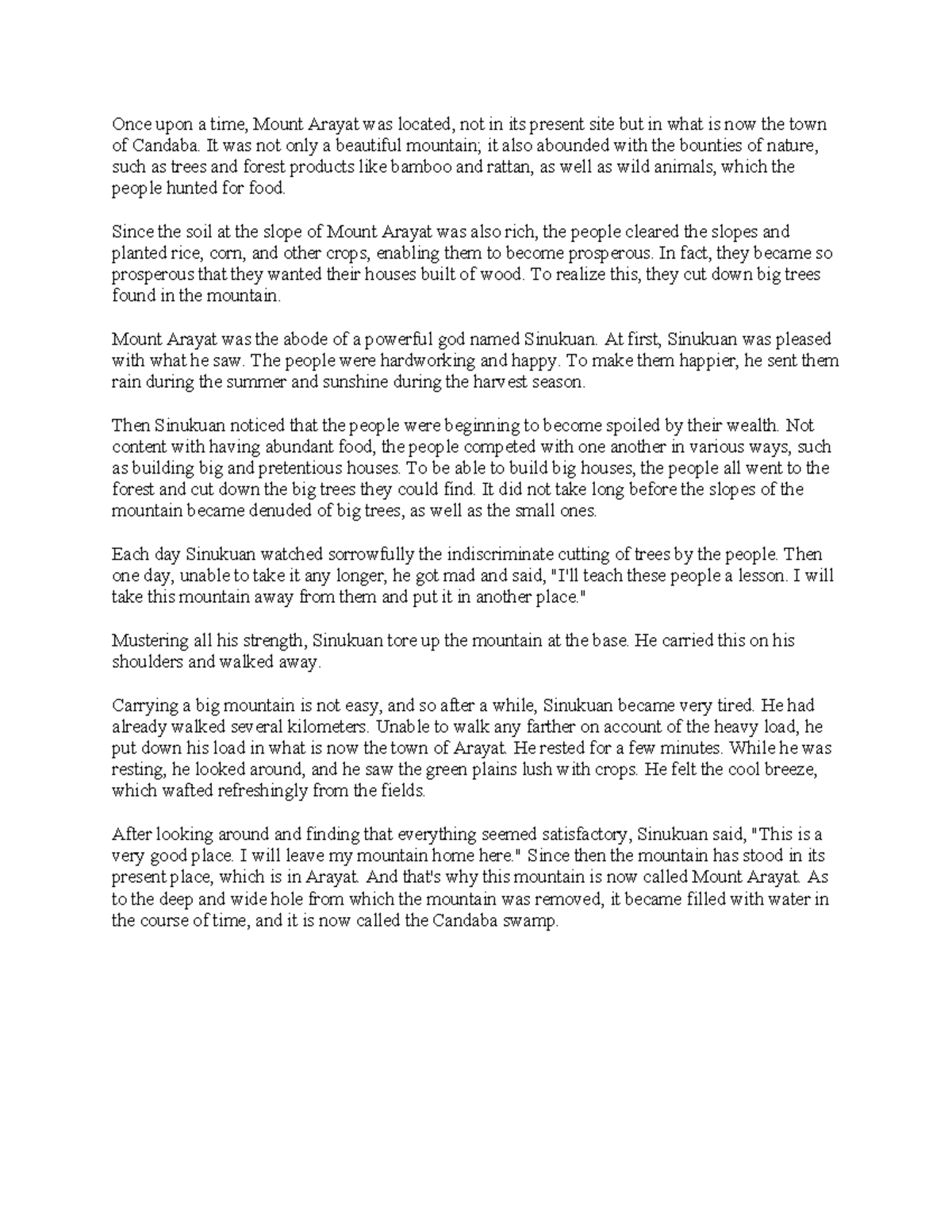 Mount Arayat: A Mythical Tale of Sinukuan's Lesson - Studocu