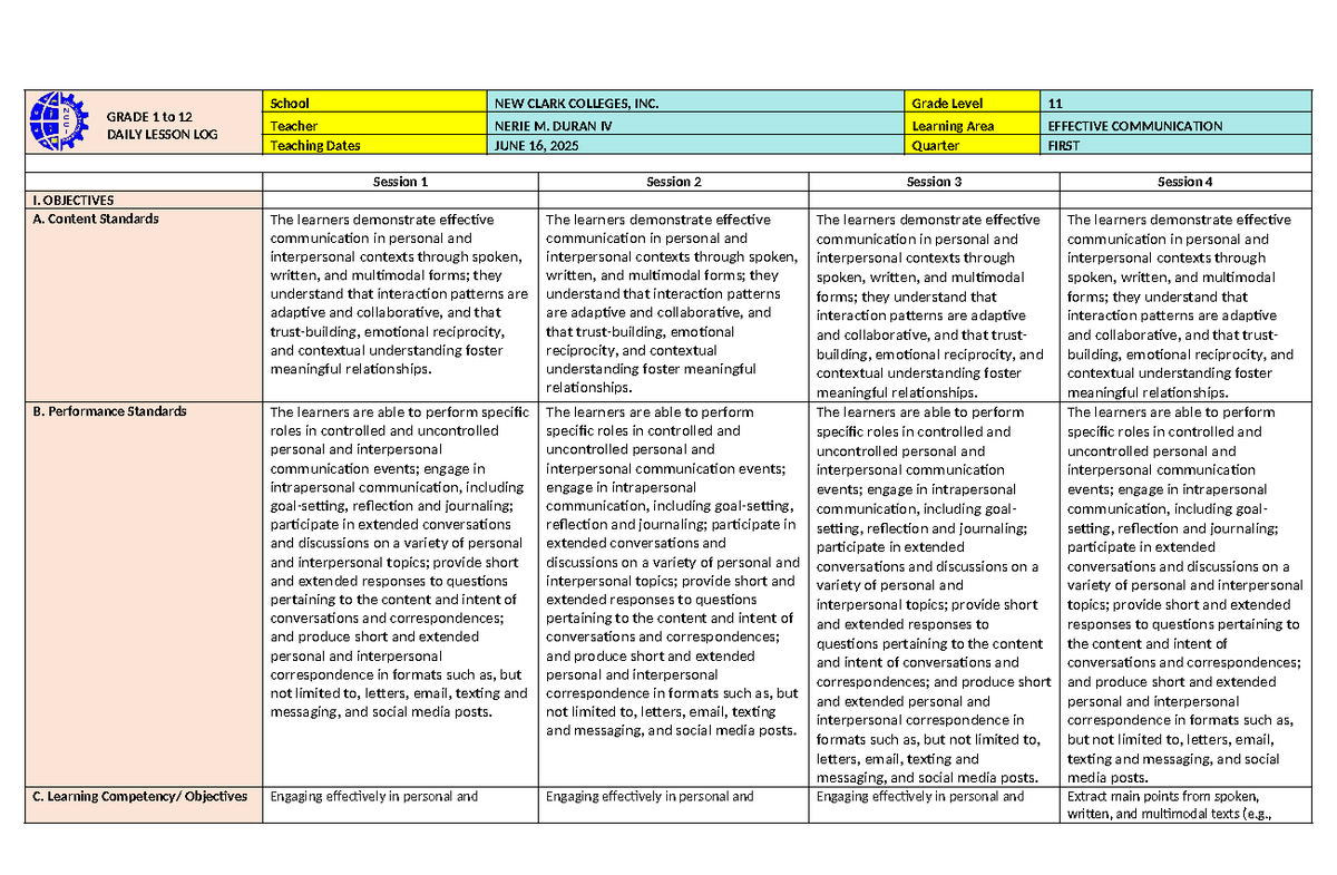 EC Q1 DLL 1LC - Effective Communication Lesson Plan for Grade 11 - Studocu