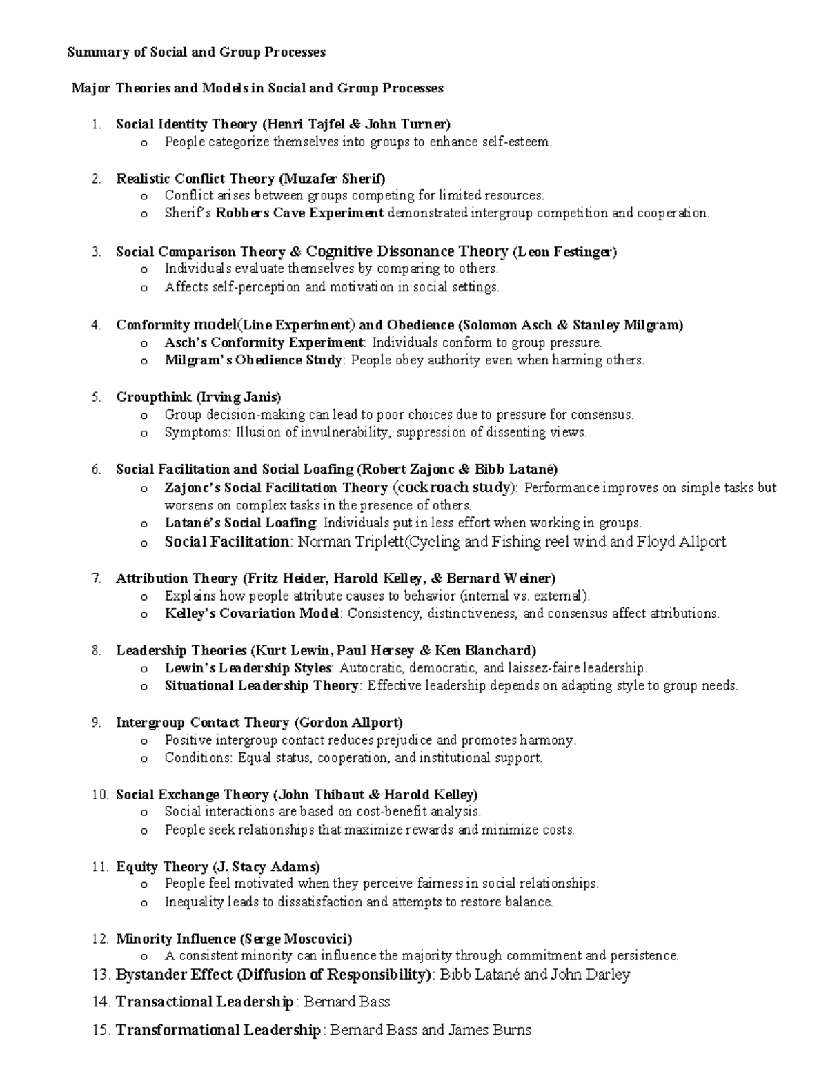 Social and Group Processes Theories Overview (Course Code: All) - Studocu