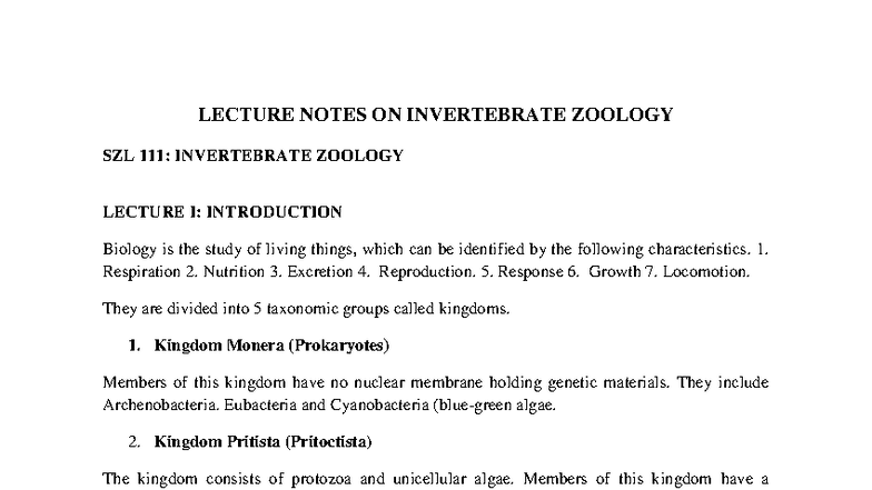 SZL 111: Comprehensive Lecture Notes on Invertebrate Zoology - Studocu