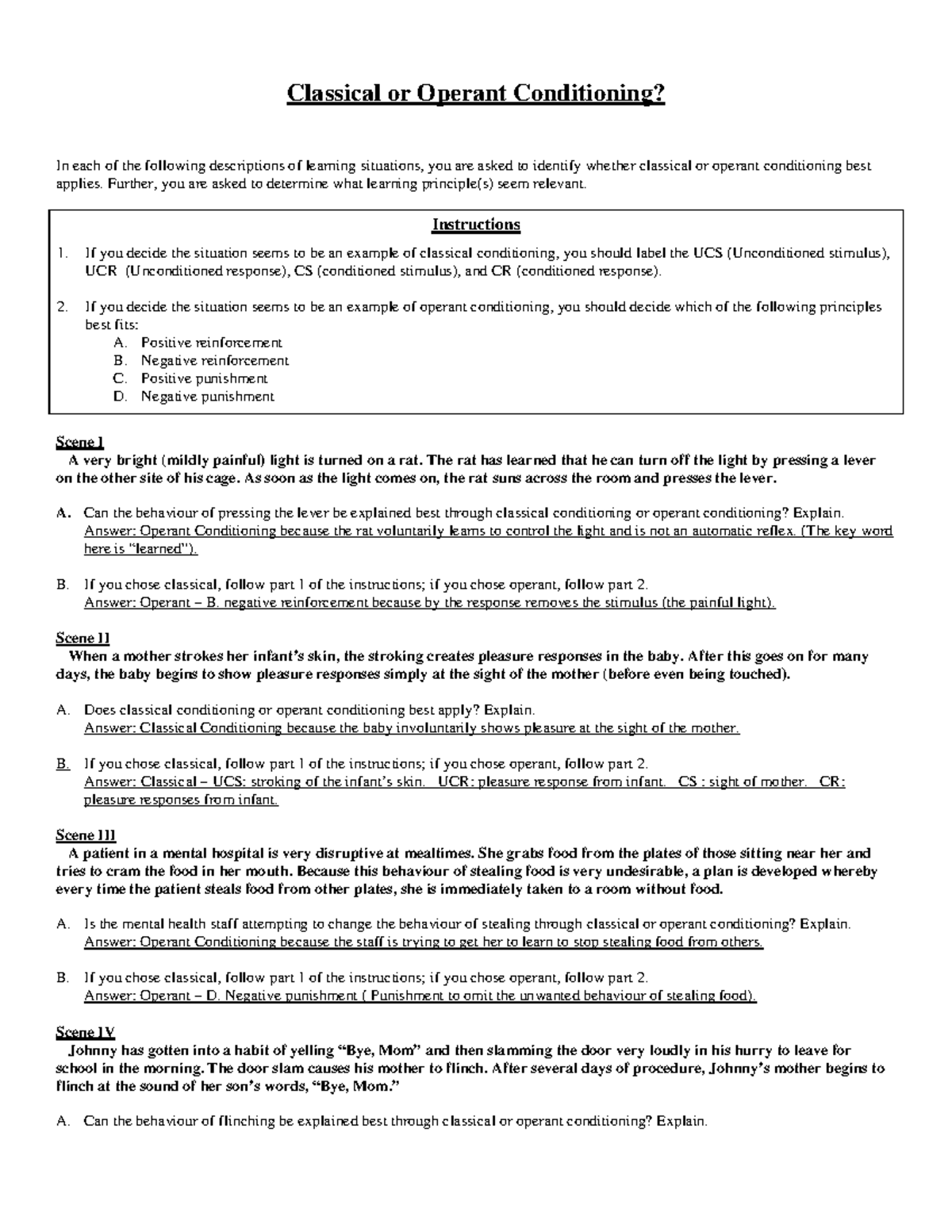 Classical and Operant Conditioning-KEY - Classical or Operant ...