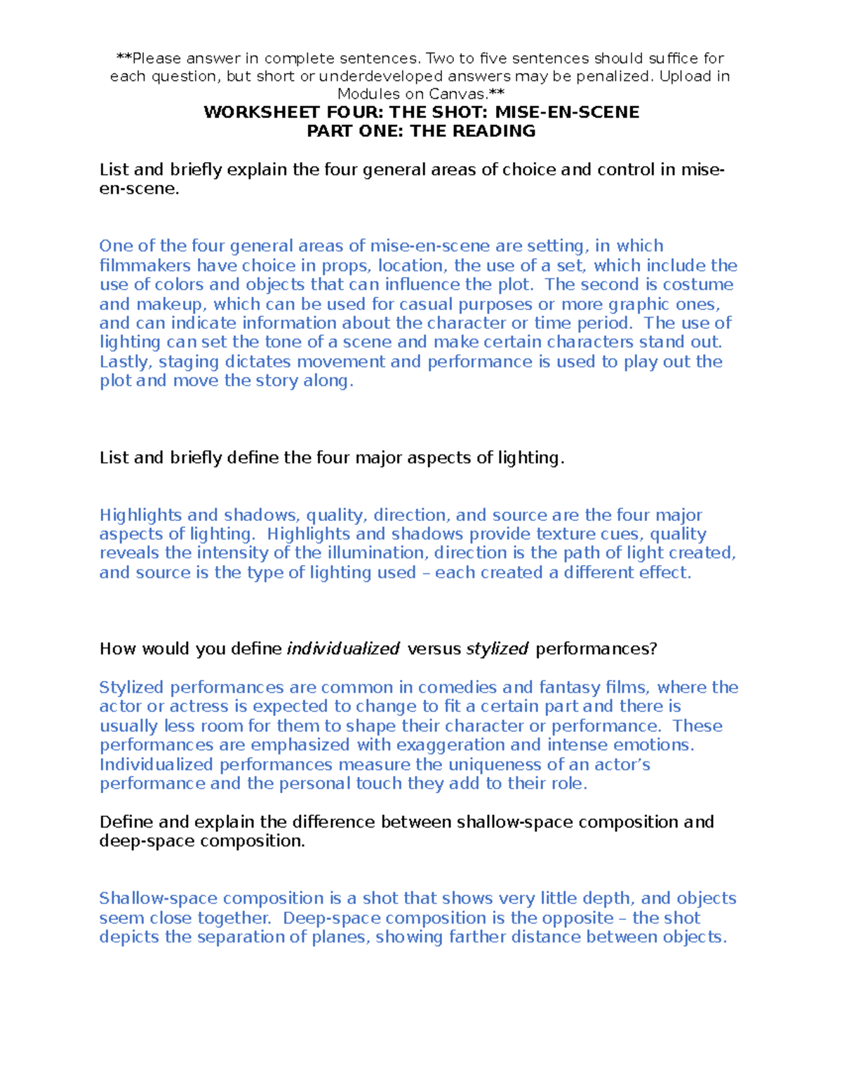 Film Analysis Worksheet Four - Please answer in complete sentences. Two ...