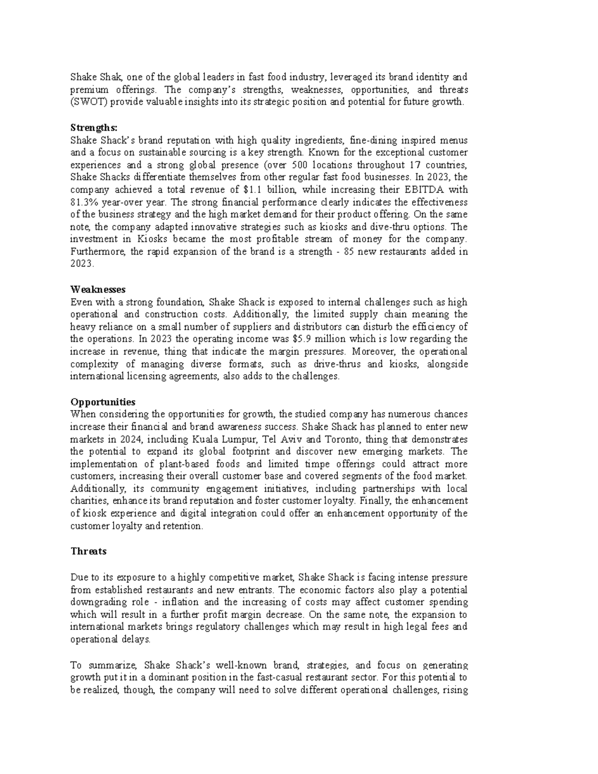 Shake Shack SWOT Analysis - Group Assignment Insight - Studeersnel