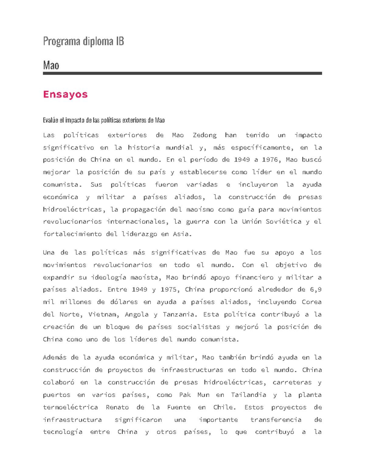 Mao - Resumen para Preparar el Examen de Historia IB 2023 - Studocu