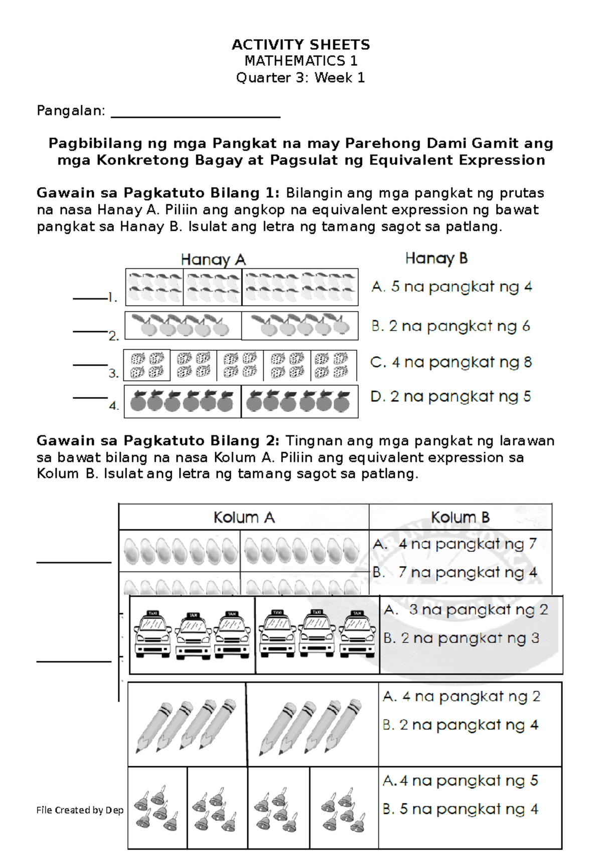 Mathematics 1 Activity Sheet Q3 W1 - ACTIVITY SHEETS MATHEMATICS 1 ...