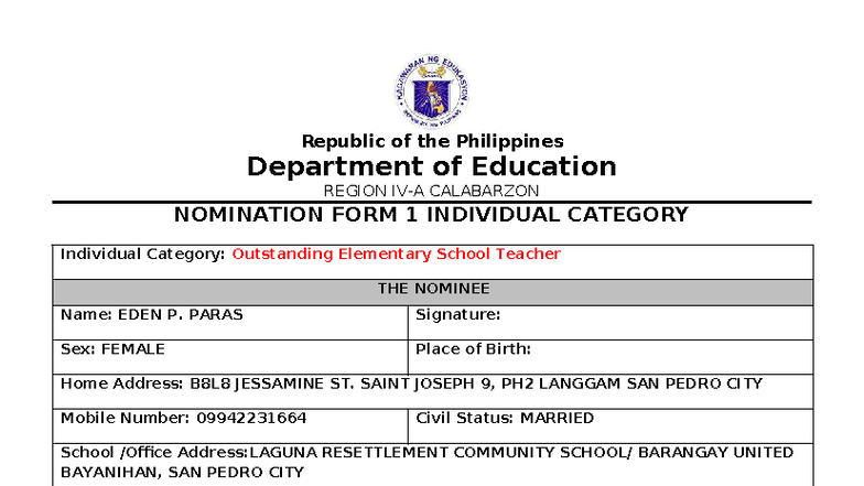 Nomination Form 1: Outstanding Elementary Teacher - Eden P. Paras - Studocu