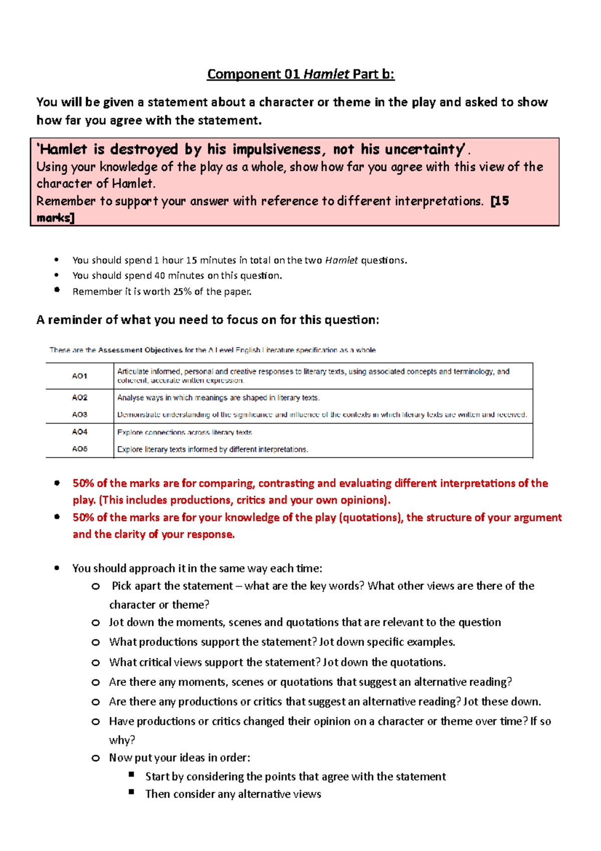 Hamlet Component 01 Part B: Exploring Character Analysis Essays - Studocu