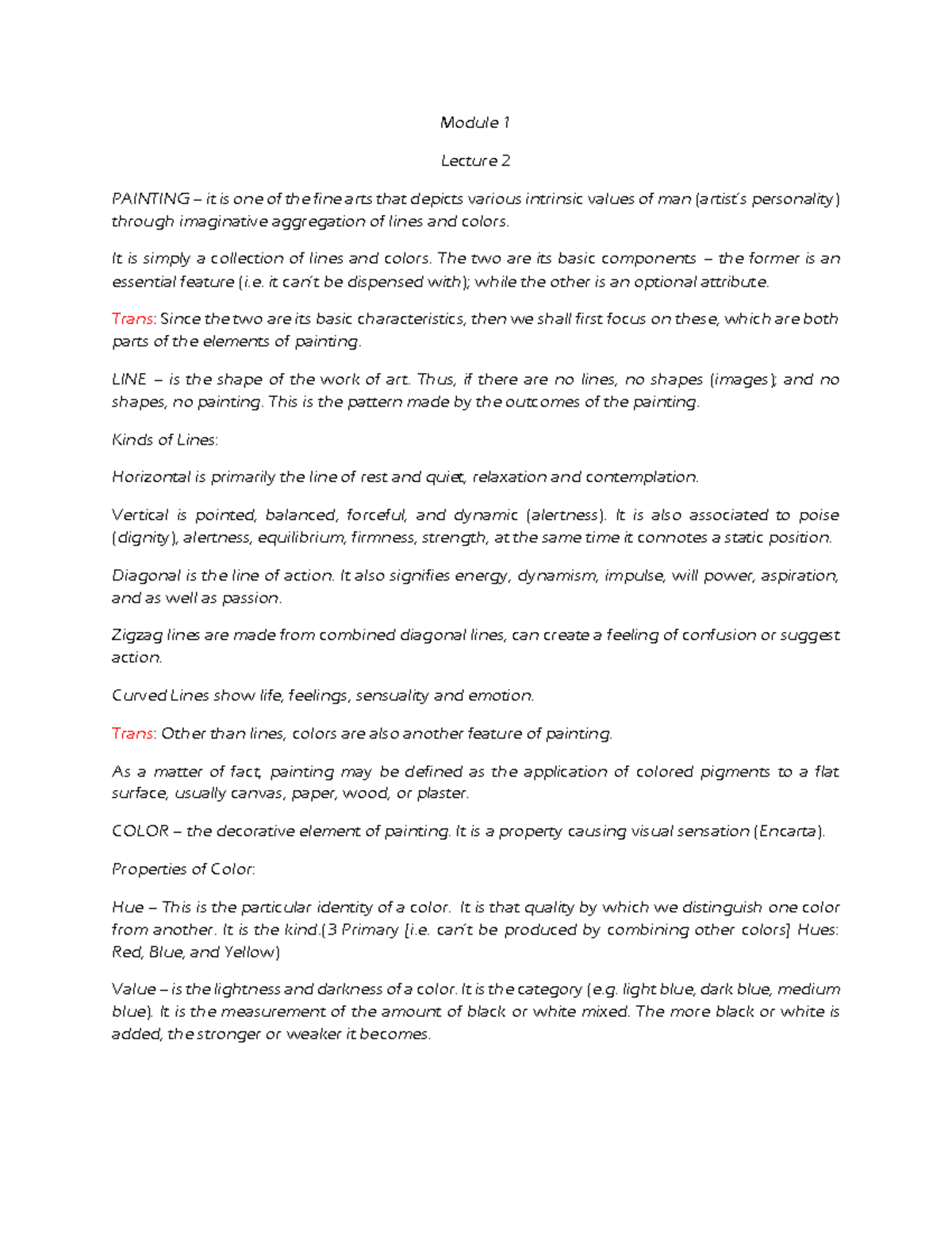 Module 1 Lecture 2: Understanding the Elements of Painting - Studocu