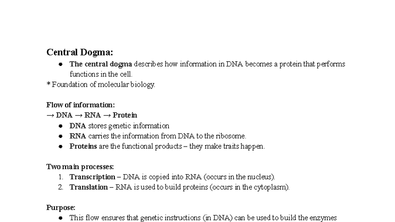 Biology 101: Central Dogma and DNA Structure Notes - Studocu
