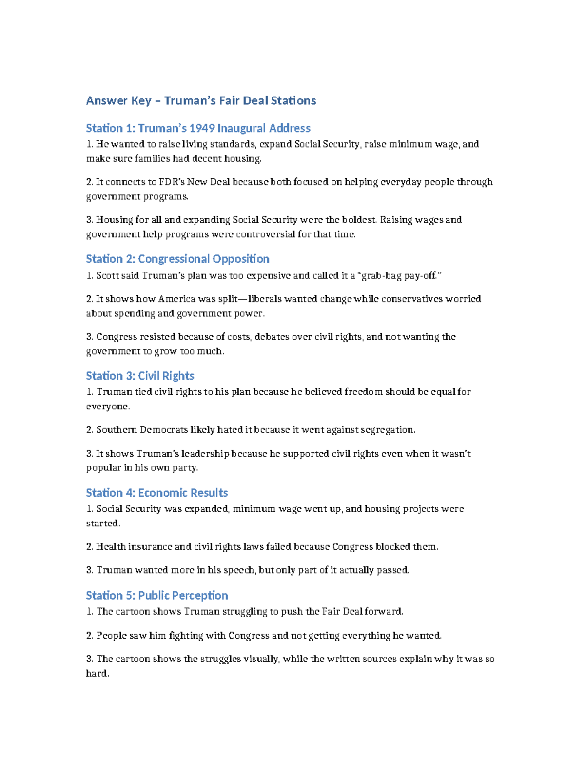 Fair Deal Stations Answer Key: Understanding Truman's 1949 Initiatives ...
