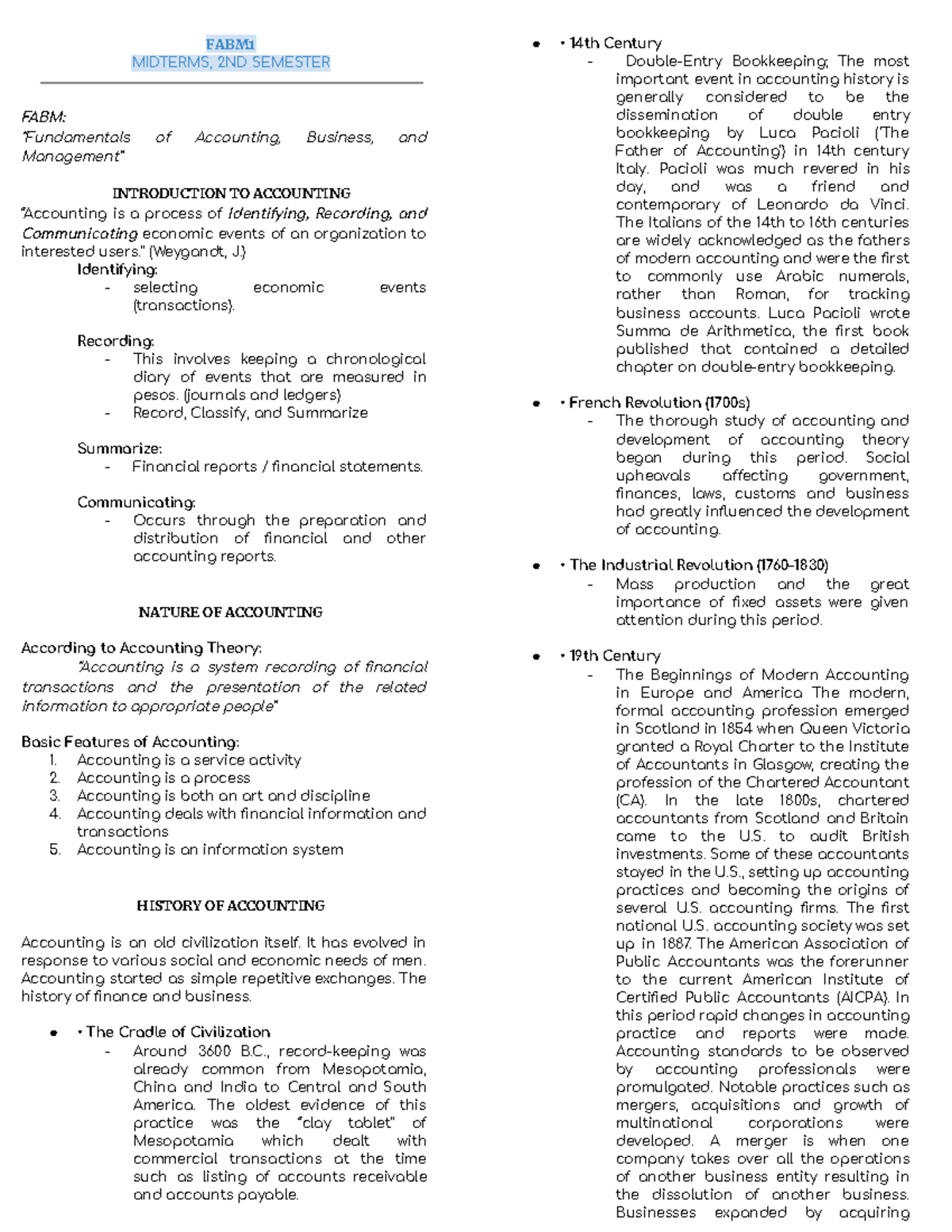 FABM1 - Midterms 1 - Comprehensive Reviewer for FABM Fundamentals - Studocu