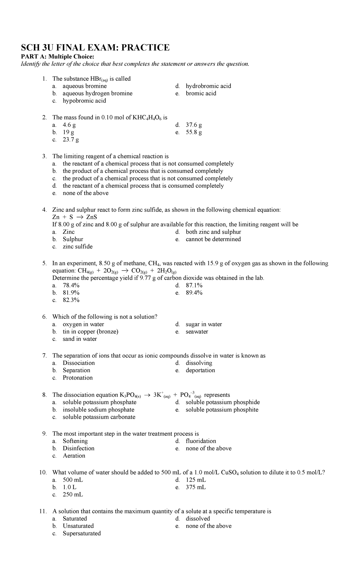 SCH 3U FINAL EXAM: Practice Questions and Multiple Choice Answers - Studocu