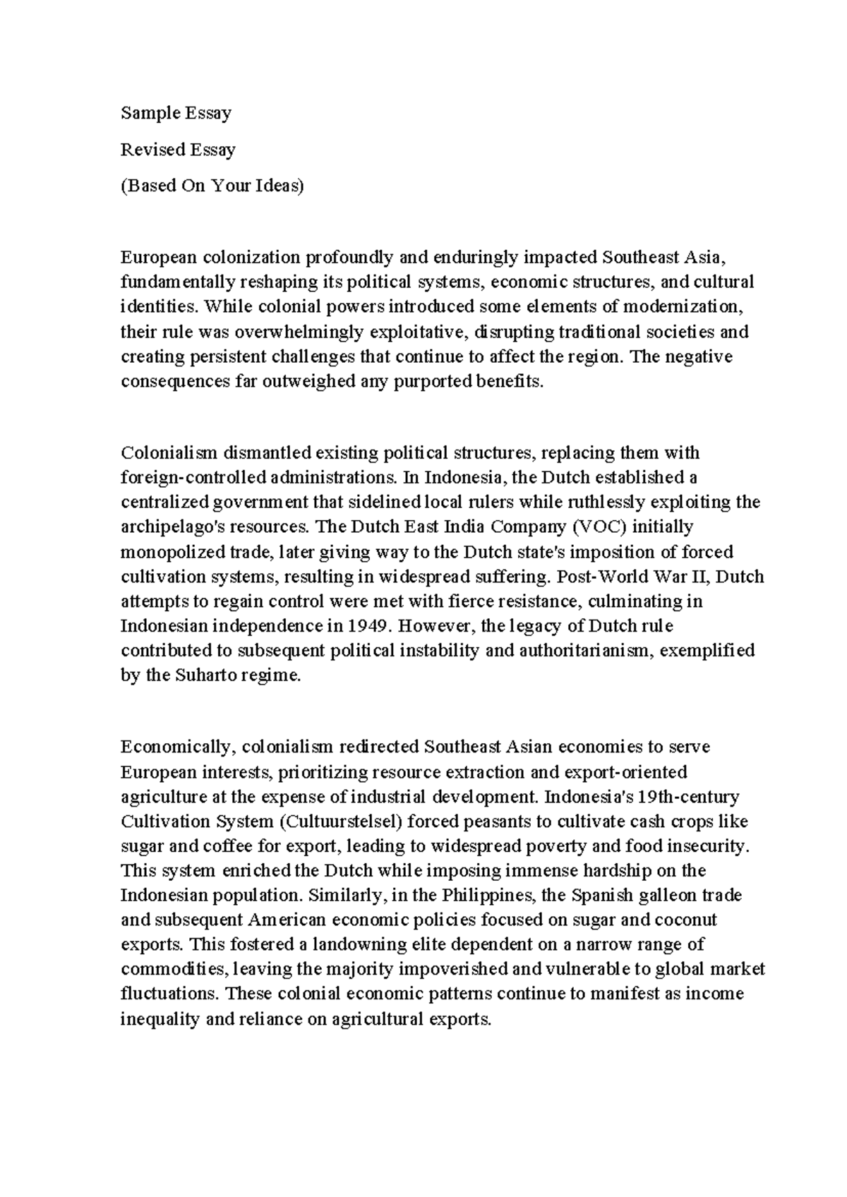 Sample Essay (Revised) on European Colonization's Impact in Southeast ...