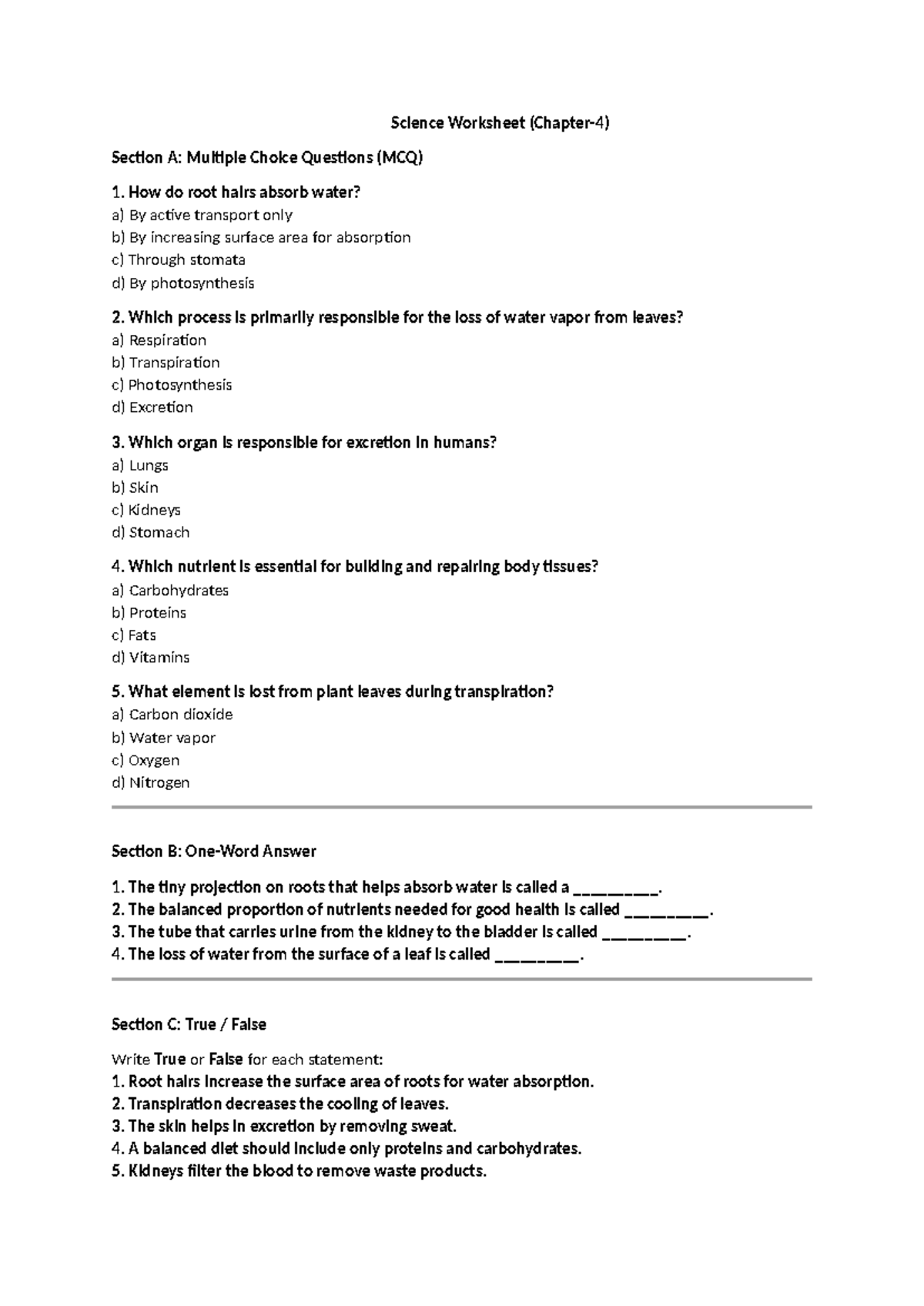 Science Worksheet CH-4 CP3: MCQs and Answers on Plant Processes - Studocu