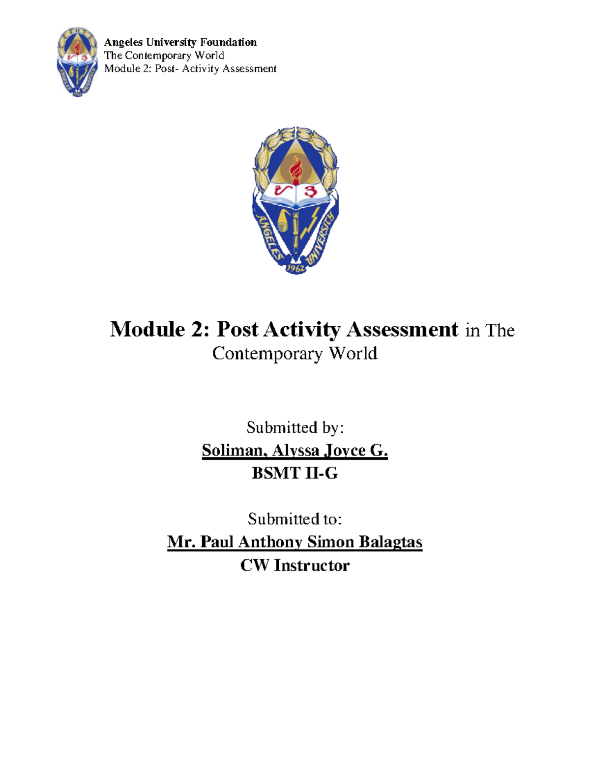 Soliman AJ Module 2 Post-Activity-Assessment - The Contemporary World Module 2: Post- Activity ...