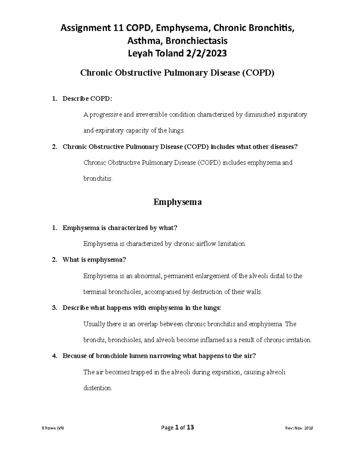 Assign 12 COPD - Asthma, Bronchiectasis Leyah Toland 2/2/ Chronic Obstructive Pulmonary Disease ...