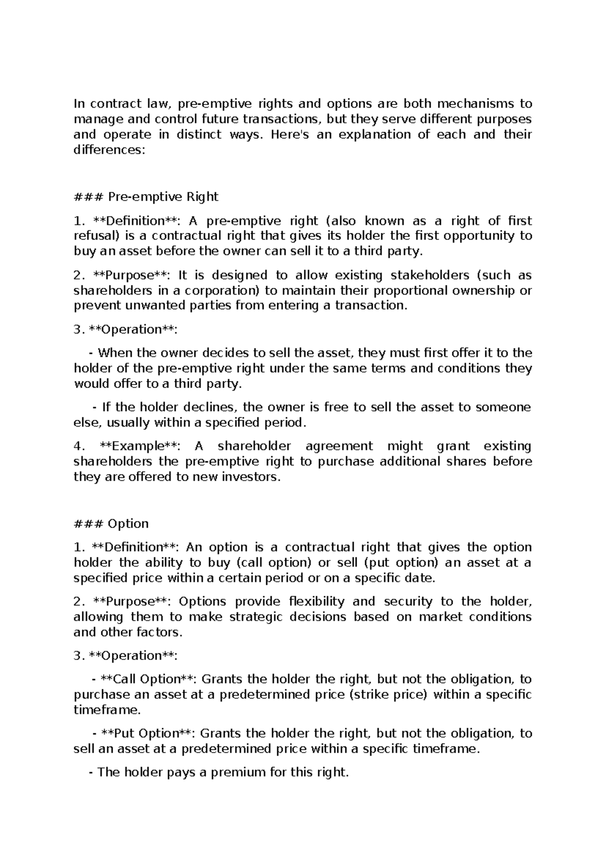 Understanding Pre-emptive Rights vs. Options in Contract Law - Studocu
