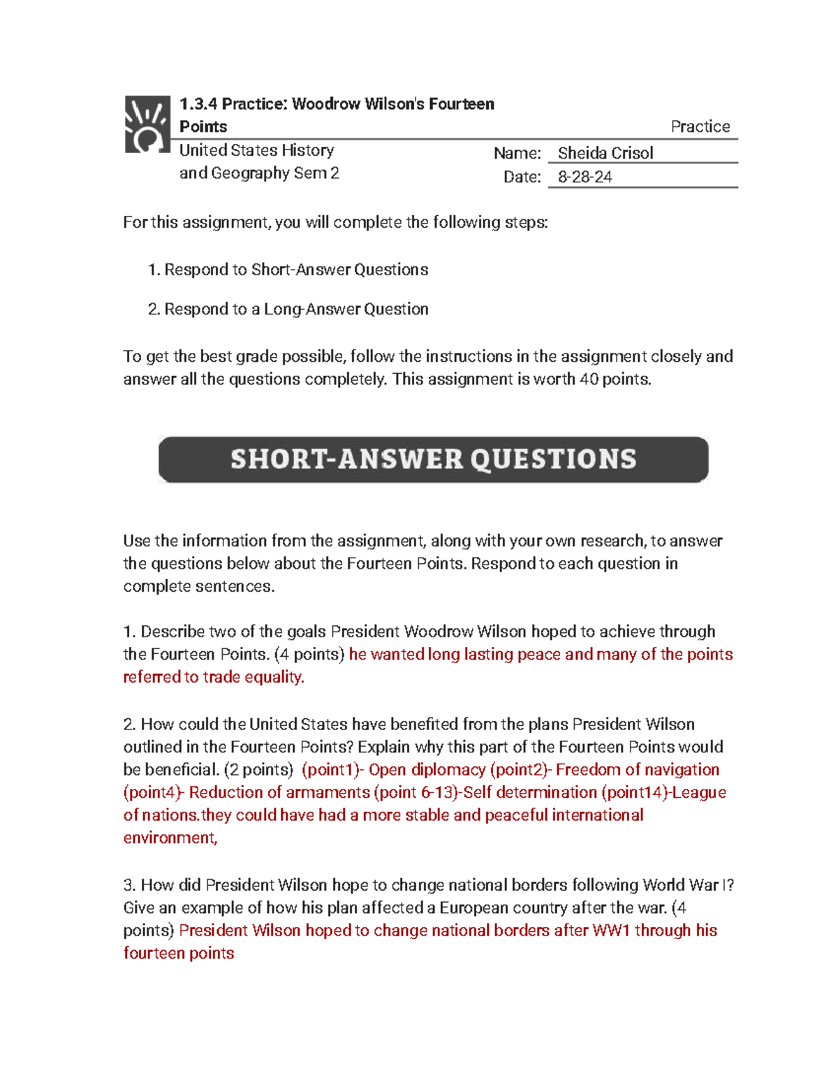 1.3.4 Practice - Analyzing Woodrow Wilson's Fourteen Points - Studocu