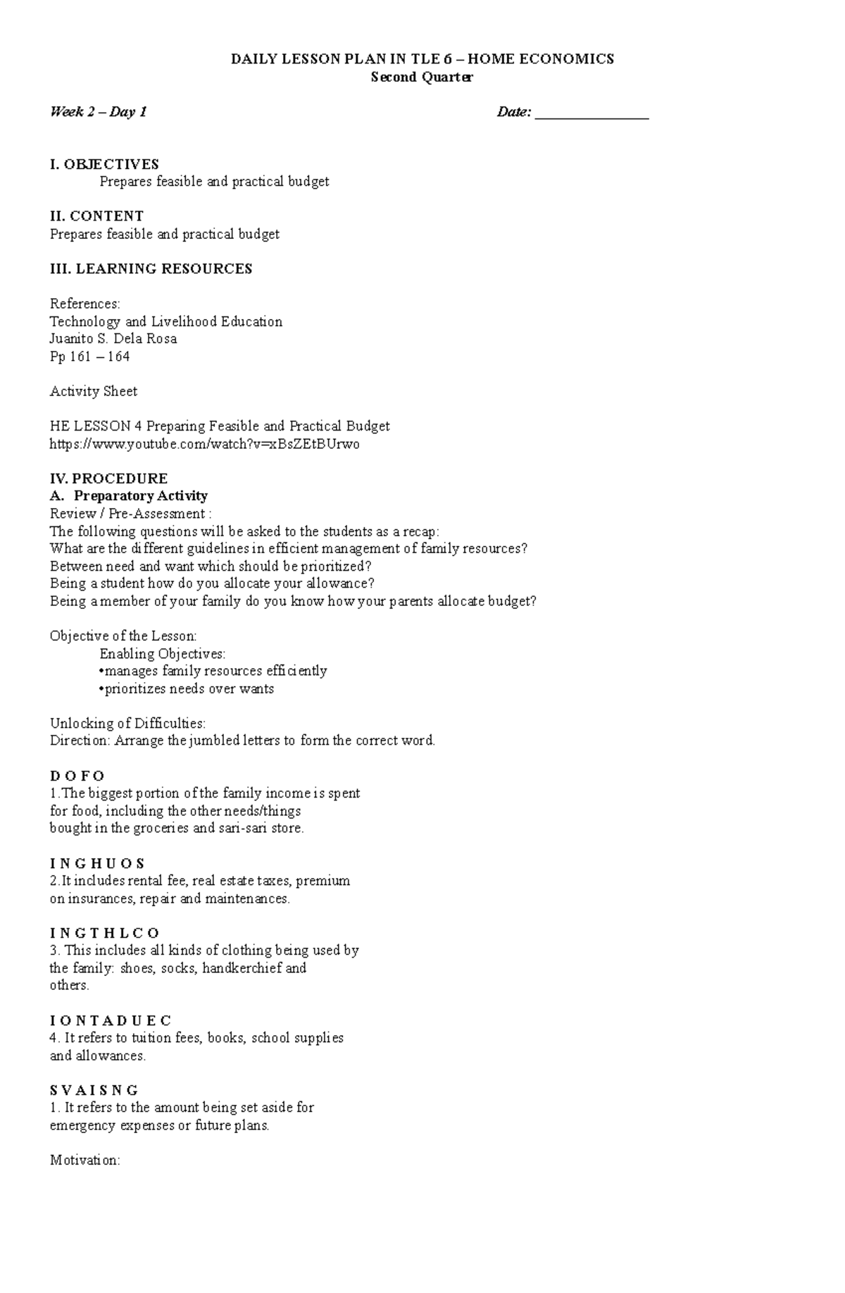 DLP-TLE6 Week 2: Home Economics Daily Lesson Plan & Activities - Studocu