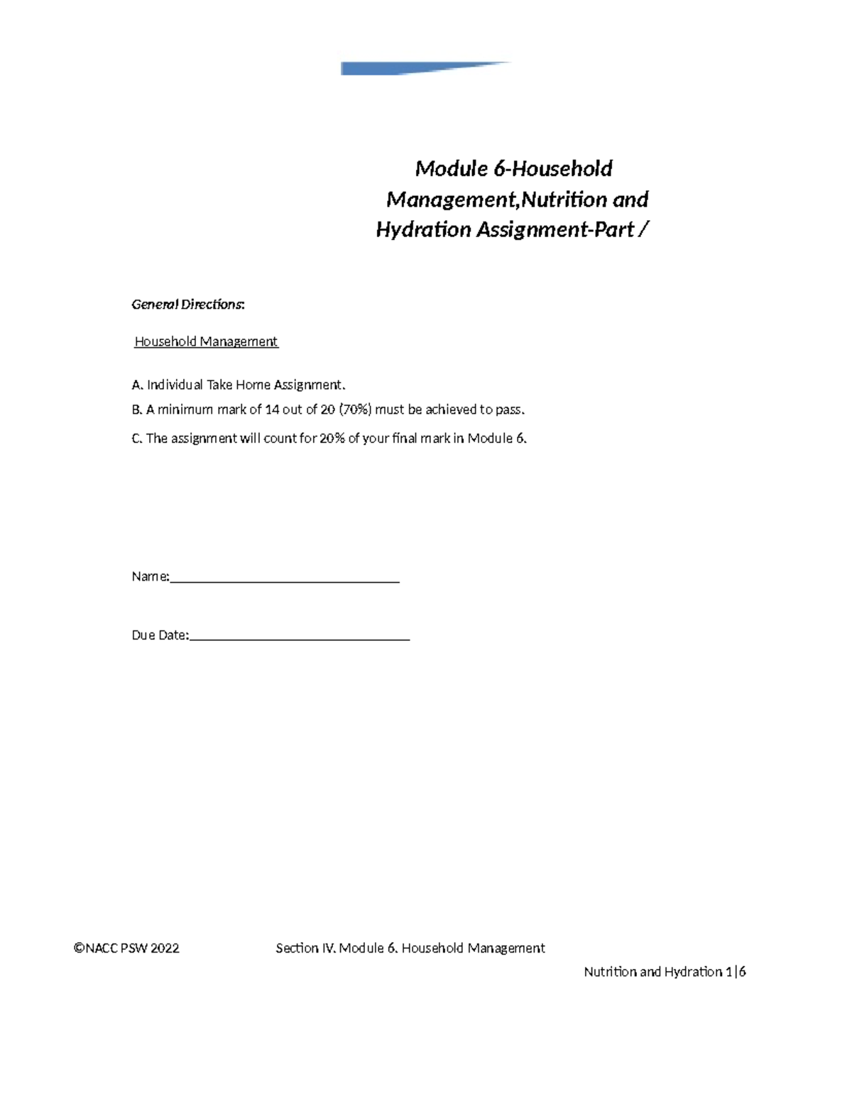 Assignment I - Module 6: Household Management & Nutrition Strategies - Studocu