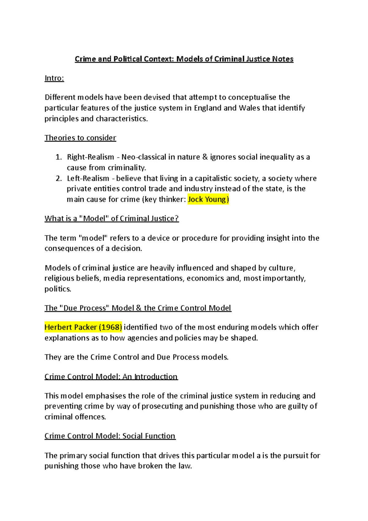 Models of Criminal Justice Lecture Notes: Key Theories & Concepts - Studocu