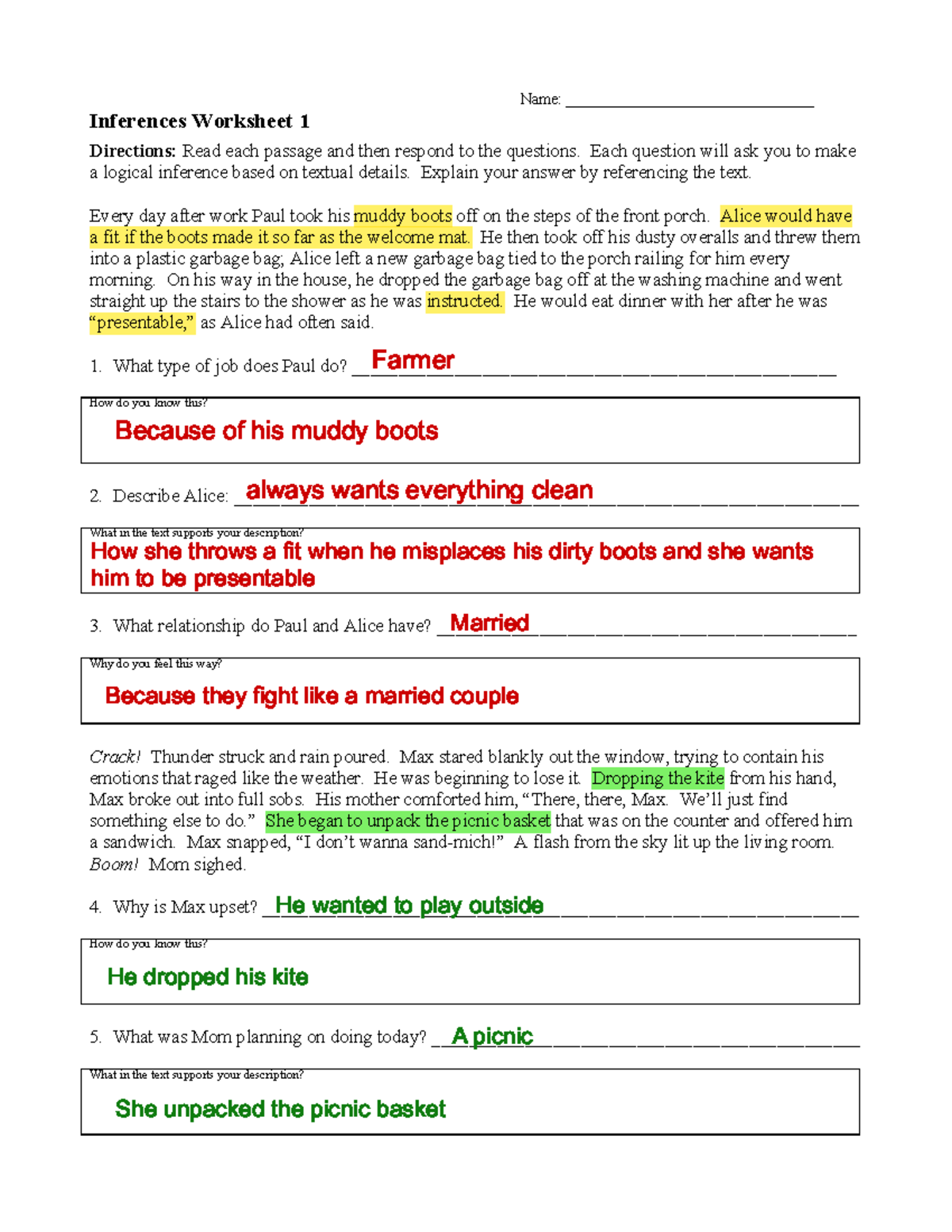 Inferences Worksheet 1: Analyzing Textual Details and Relationships ...