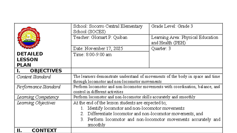 PEH G3 Detailed Lesson Plan: Locomotor & Non-Locomotor Movements - Studocu