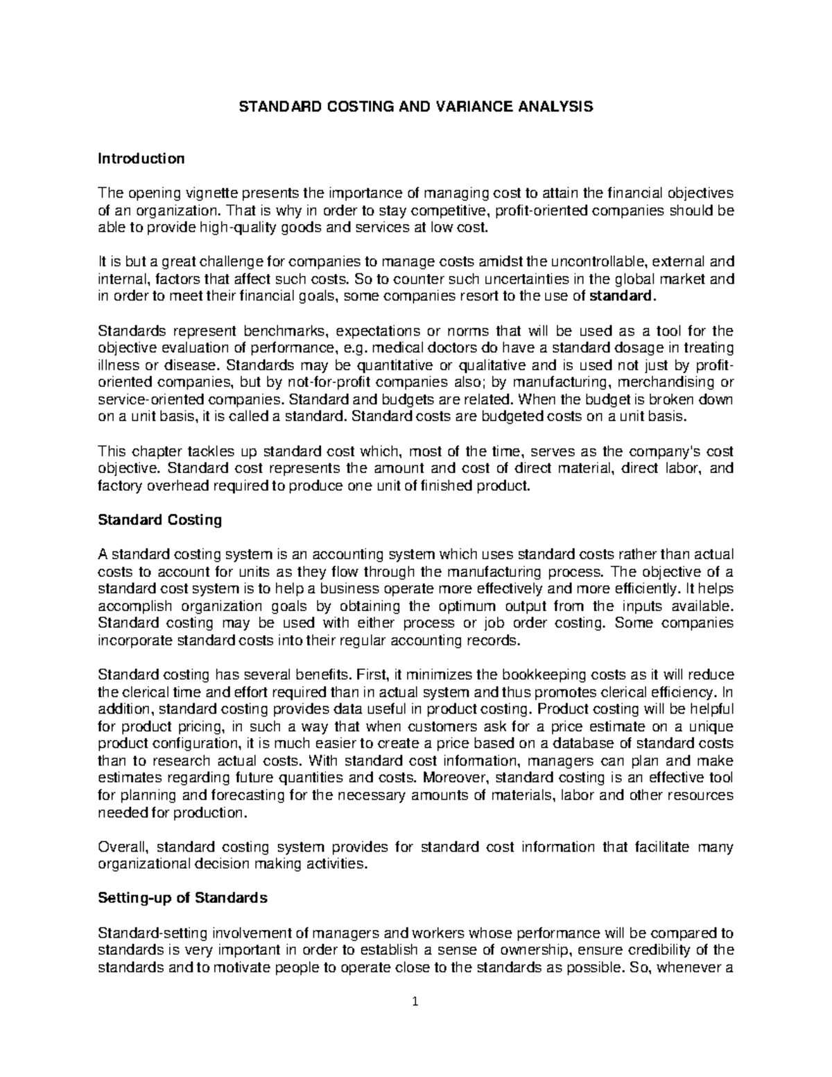 Standard Costing Notes - STANDARD COSTING AND VARIANCE ANALYSIS ...