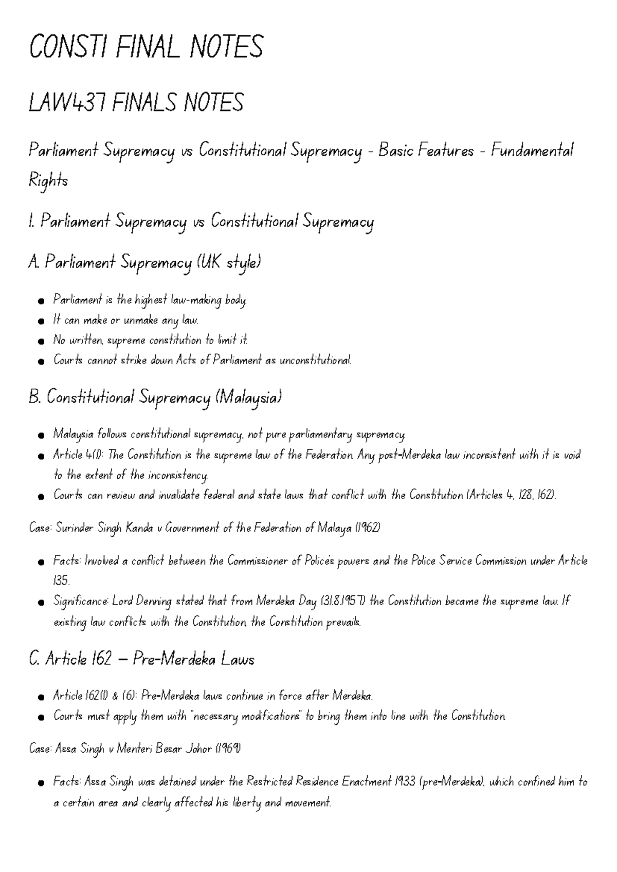 CONSTI FINAL NOTES LAW437: Parliament vs Constitutional Supremacy - Studocu