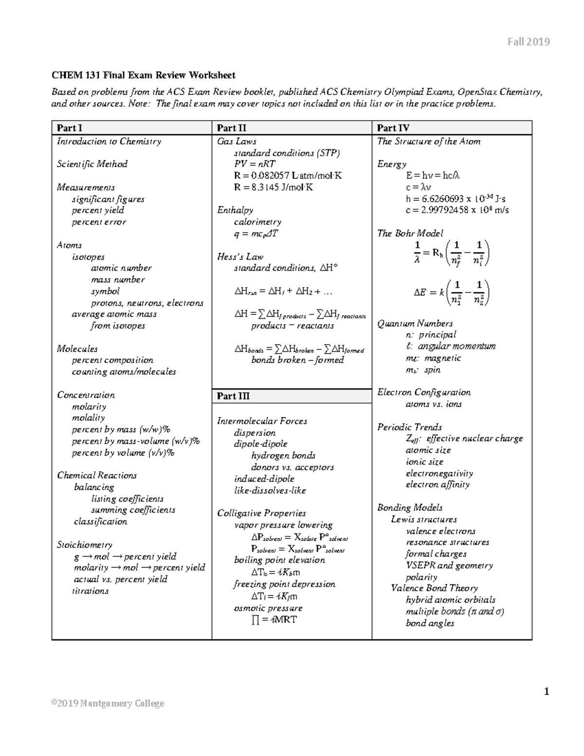 Chem 131 Final Exam Review Notes And Problem Solutions Studocu