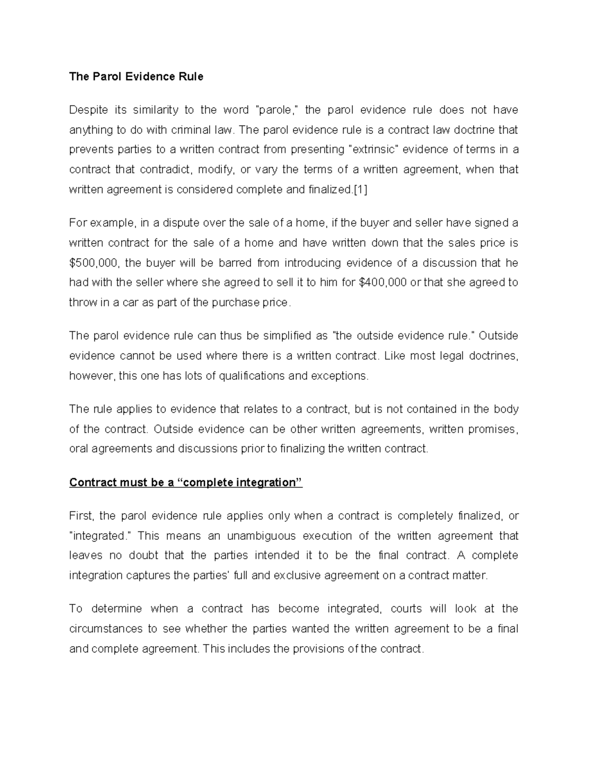 Contract Law: Understanding the Parol Evidence Rule - Studocu