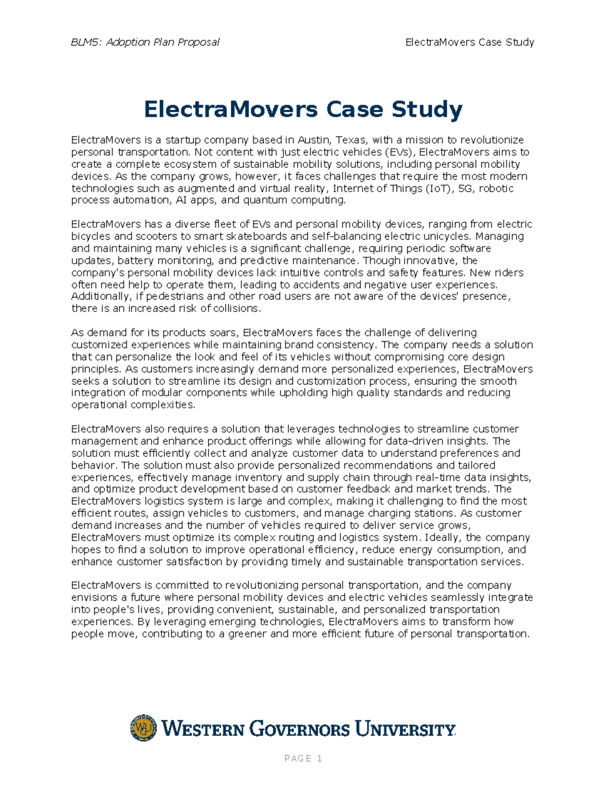 Electra Movers Case Study - BLM5: Adoption Plan Proposal ElectraMovers Case Study ElectraMovers ...