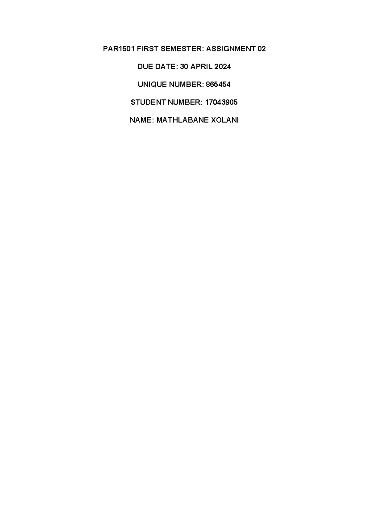 PAR1501 Assignment Details for First Semester - Due 30 April - Studocu