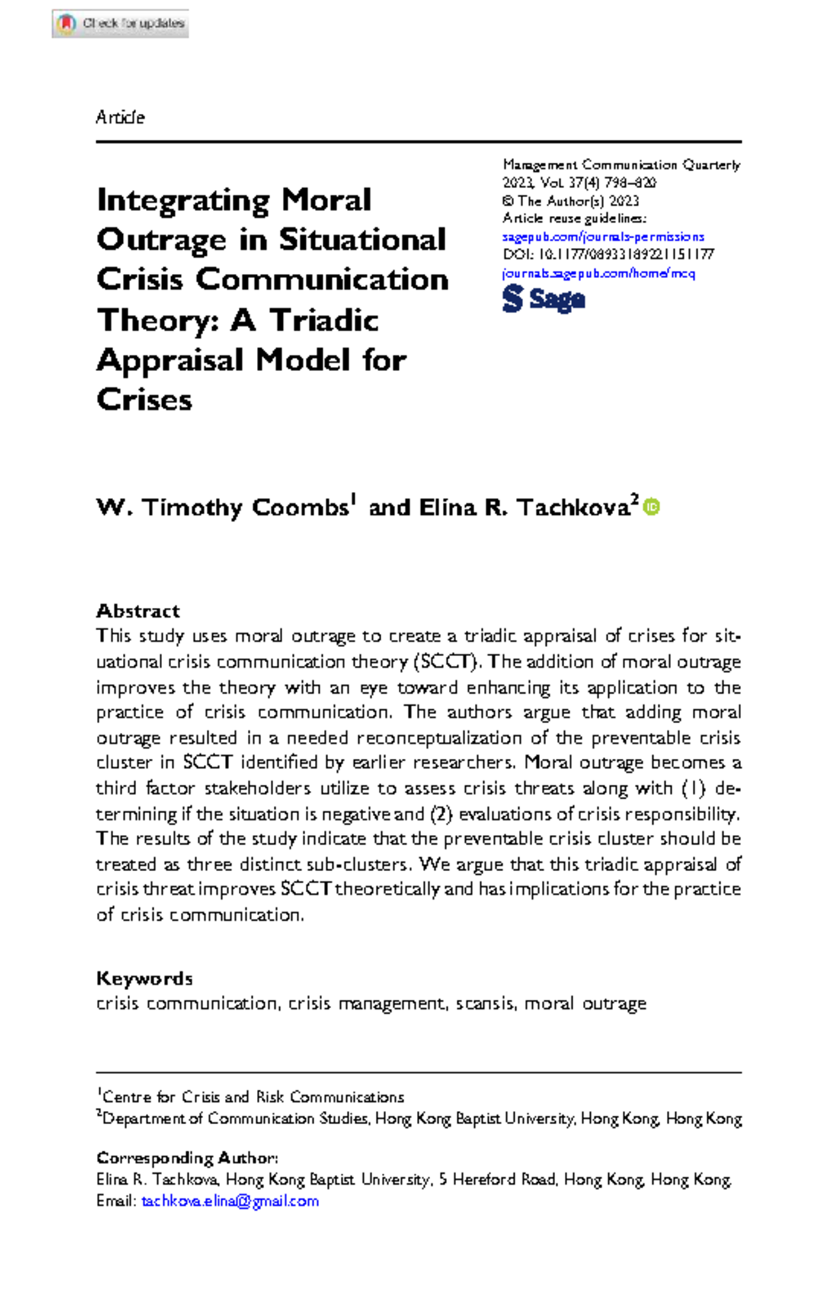 Integrating Moral Outrage into SCCT: A Triadic Framework for Crisis ...