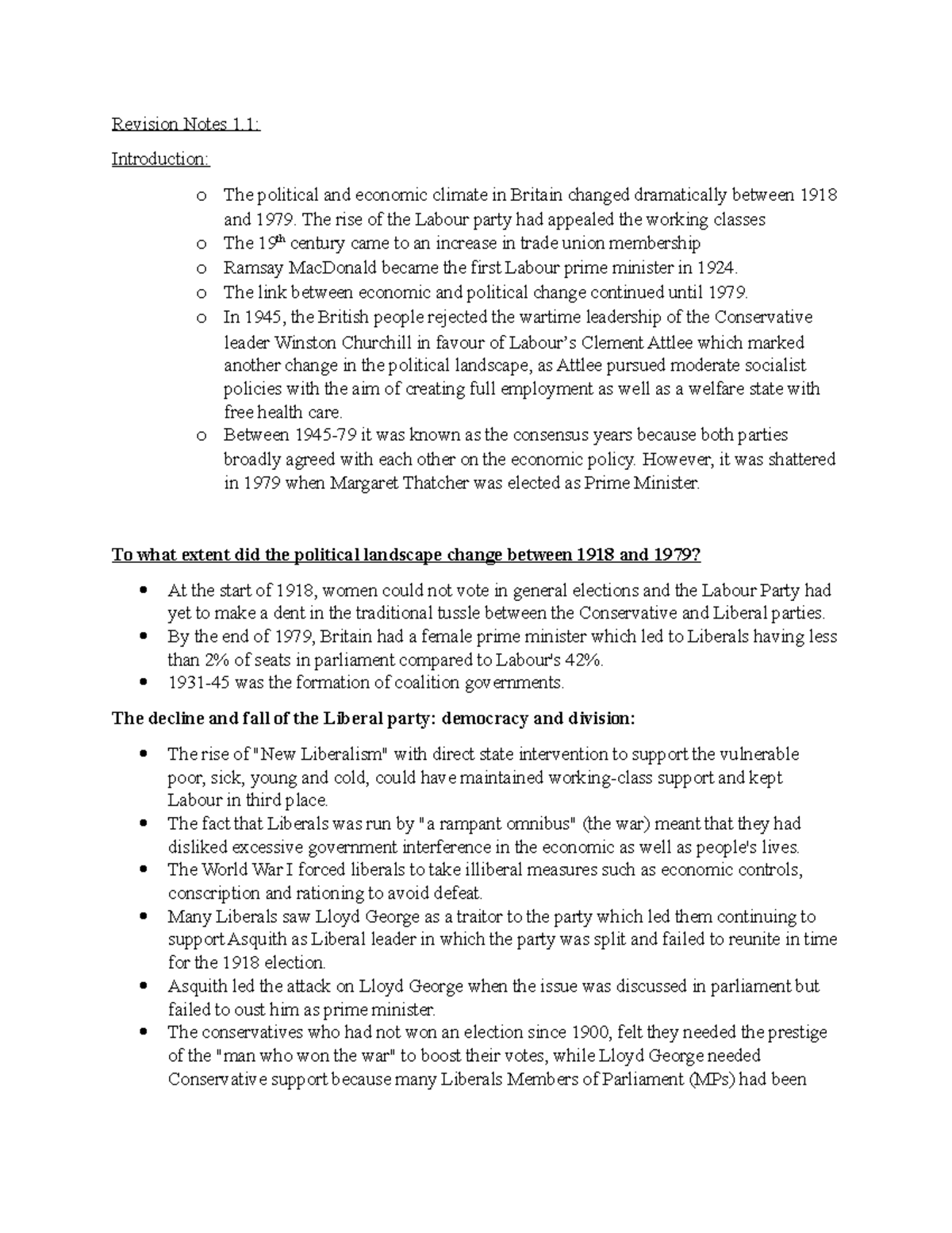 Britain's Political & Economic Changes 1918-1979: Revision Notes - Studocu