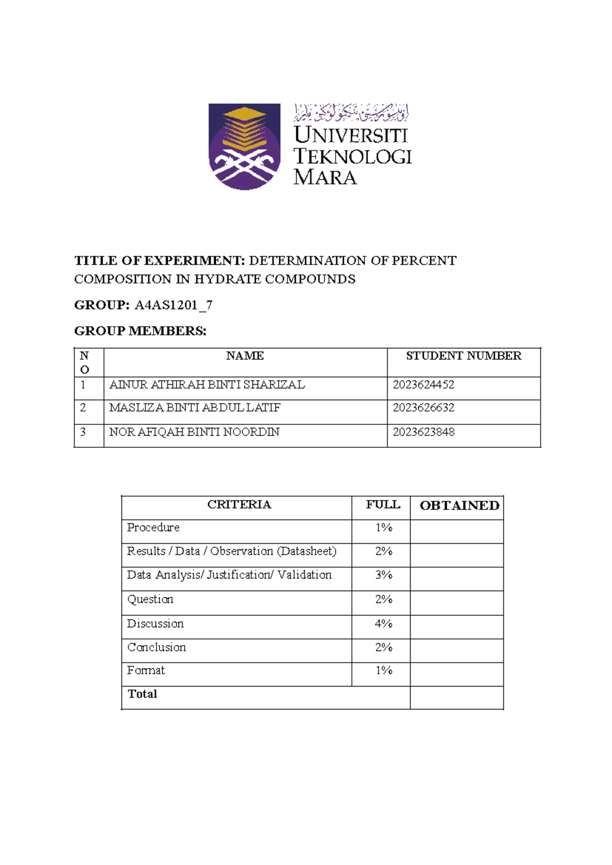 Lab report chm experiment 2 - TITLE OF EXPERIMENT: DETERMINATION OF ...