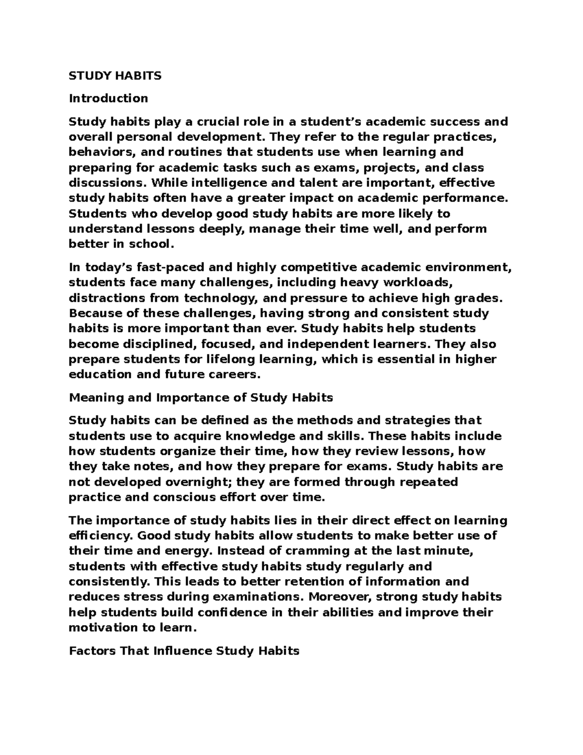 Study Habits - Notes for Academic Success and Lifelong Learning - Studocu