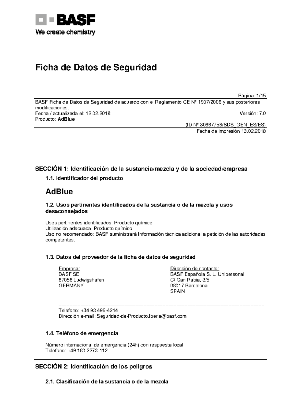 Hoja de Datos de Seguridad AdBlue - BASF (Versión 7.0) - Studocu