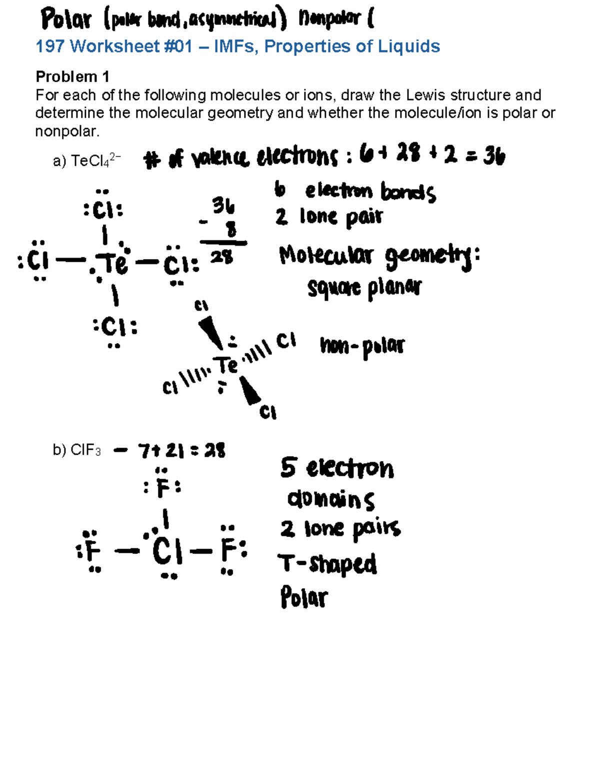 197 Worksheet 1: Polar vs Nonpolar Molecules & Intermolecular Forces ...