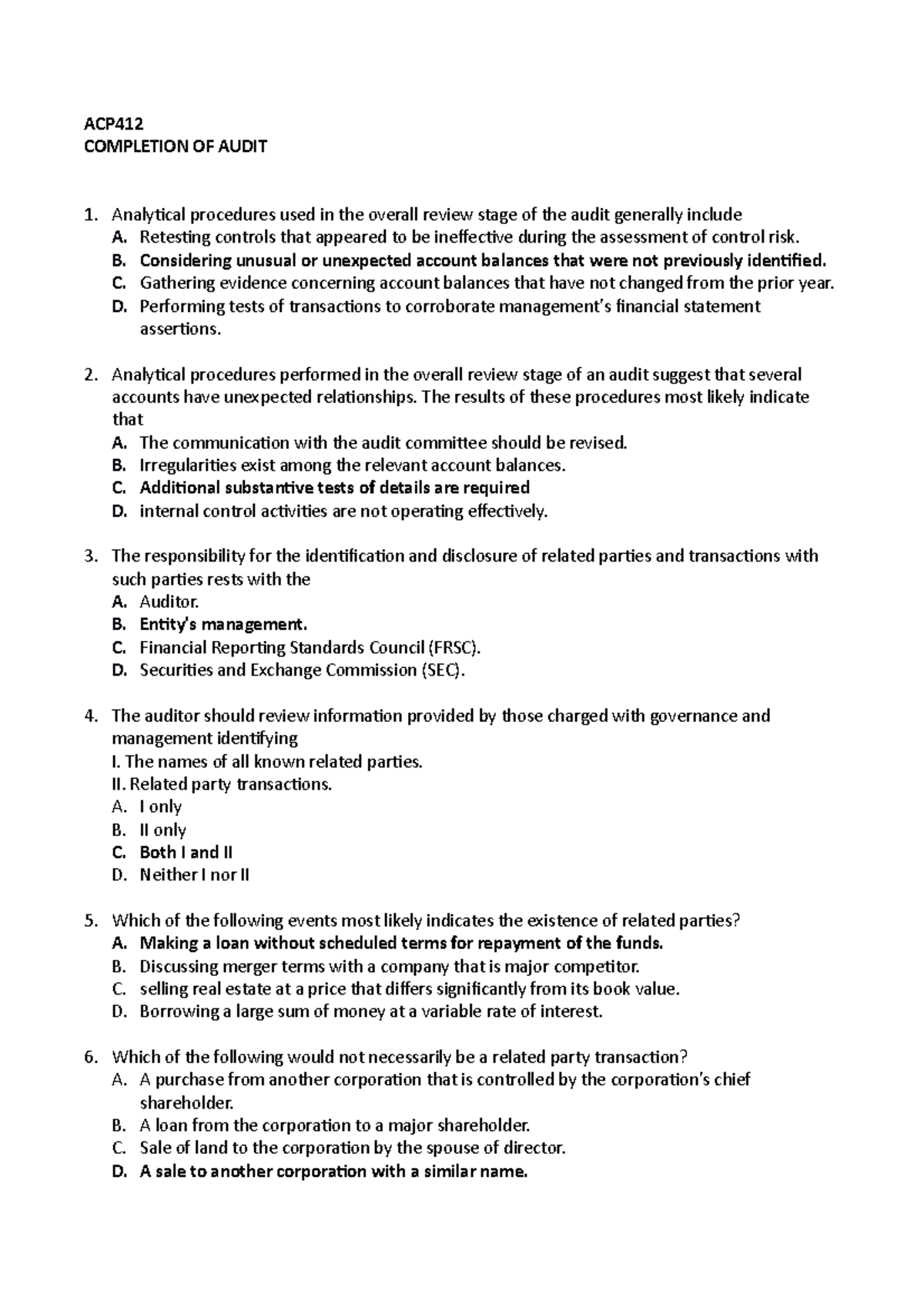 Completion of Audit Quiz Answer - ACP COMPLETION OF AUDIT Analytical procedures used in the ...