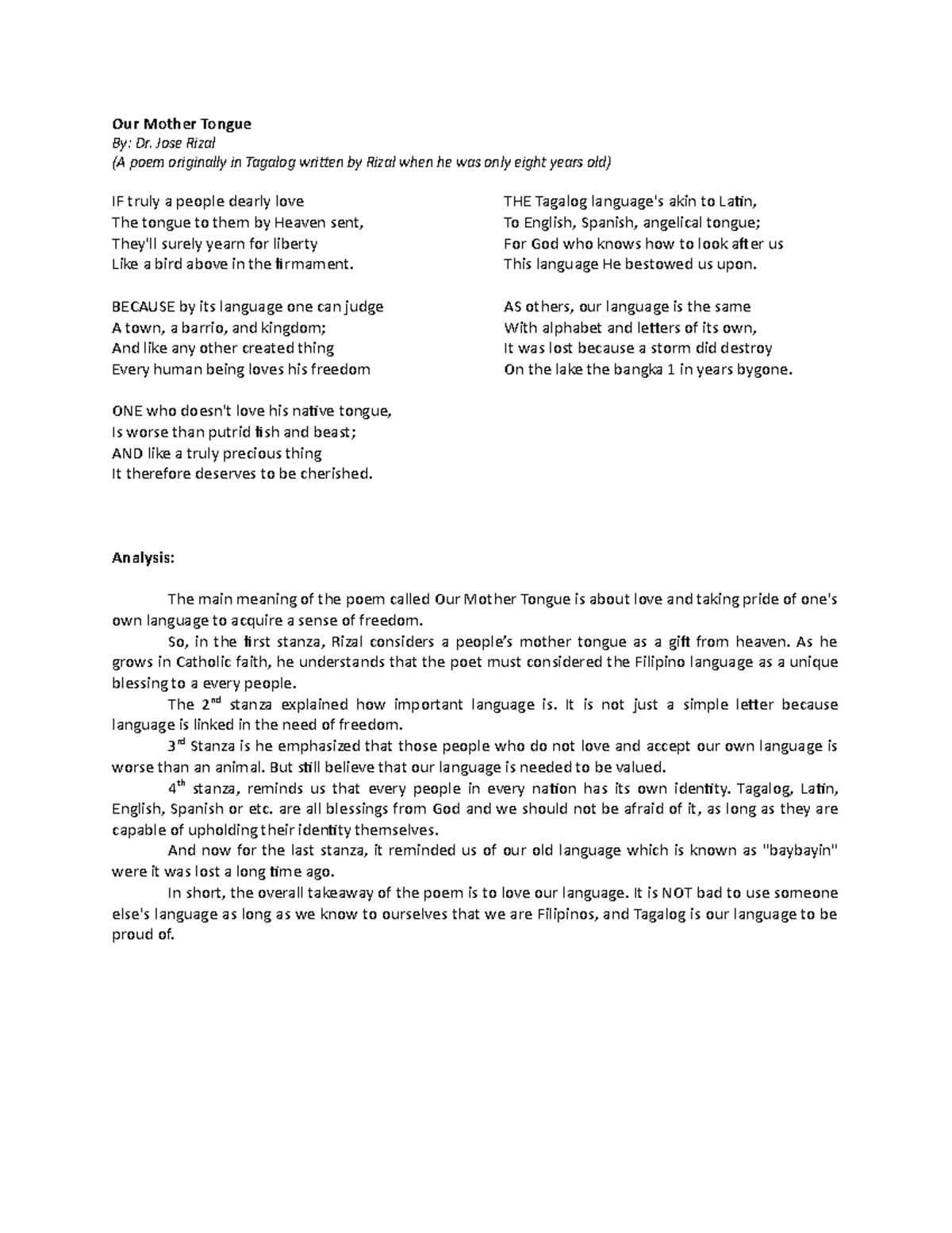 Rizal's Life, Work and Writings - Our Mother Tongue - Analysis - Our Mother Tongue By: Dr. Jose ...