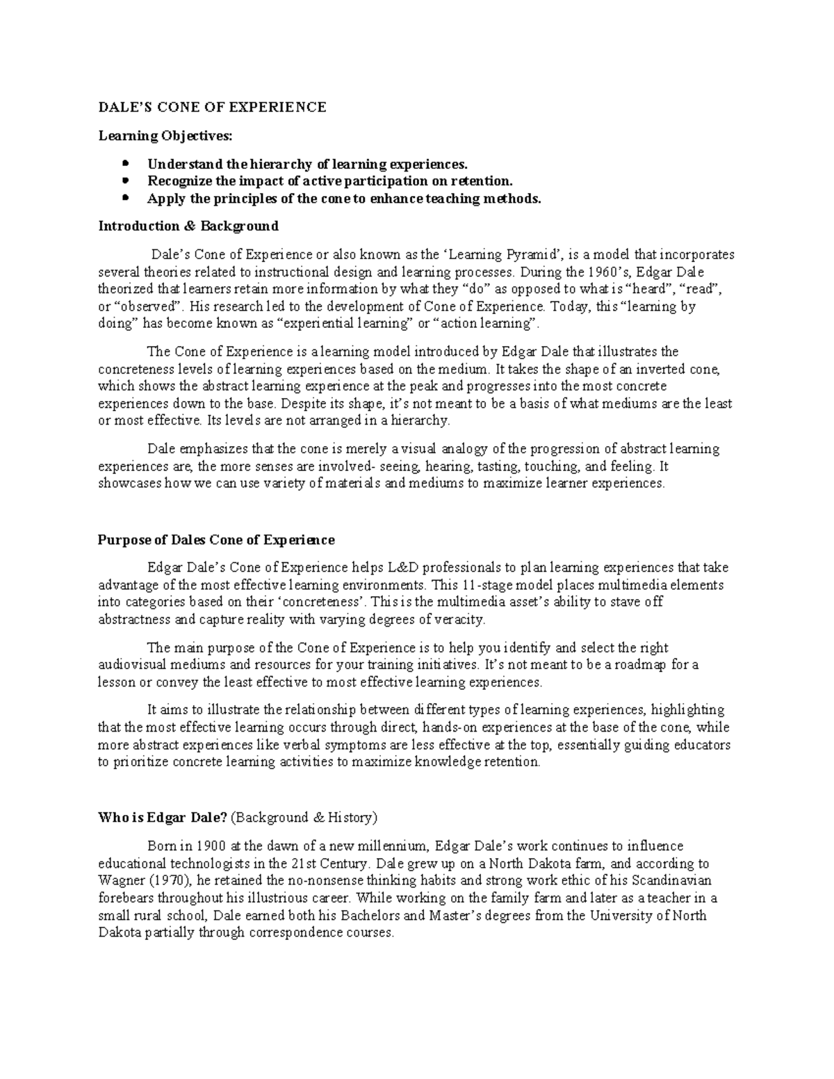 DALE'S CONE OF EXPERIENCE: Enhancing Learning Through Active Engagement ...