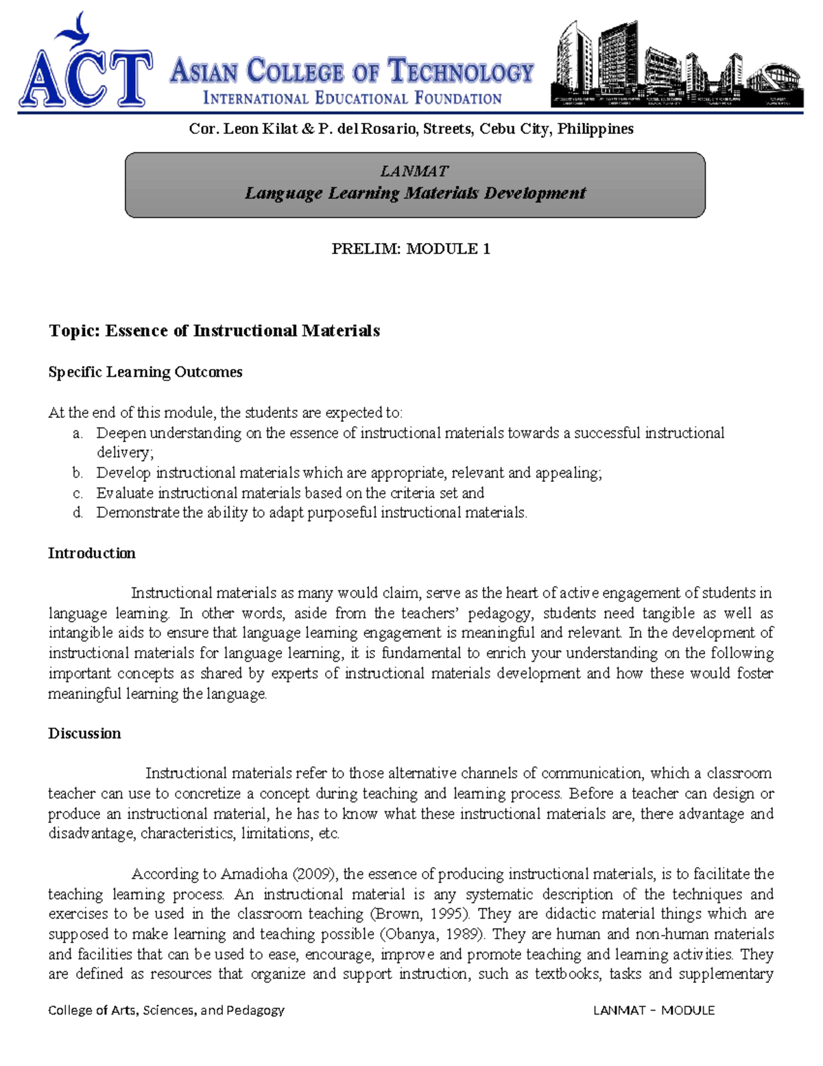 LANMAT 101: Module 1 - Essence of Instructional Materials - Studocu