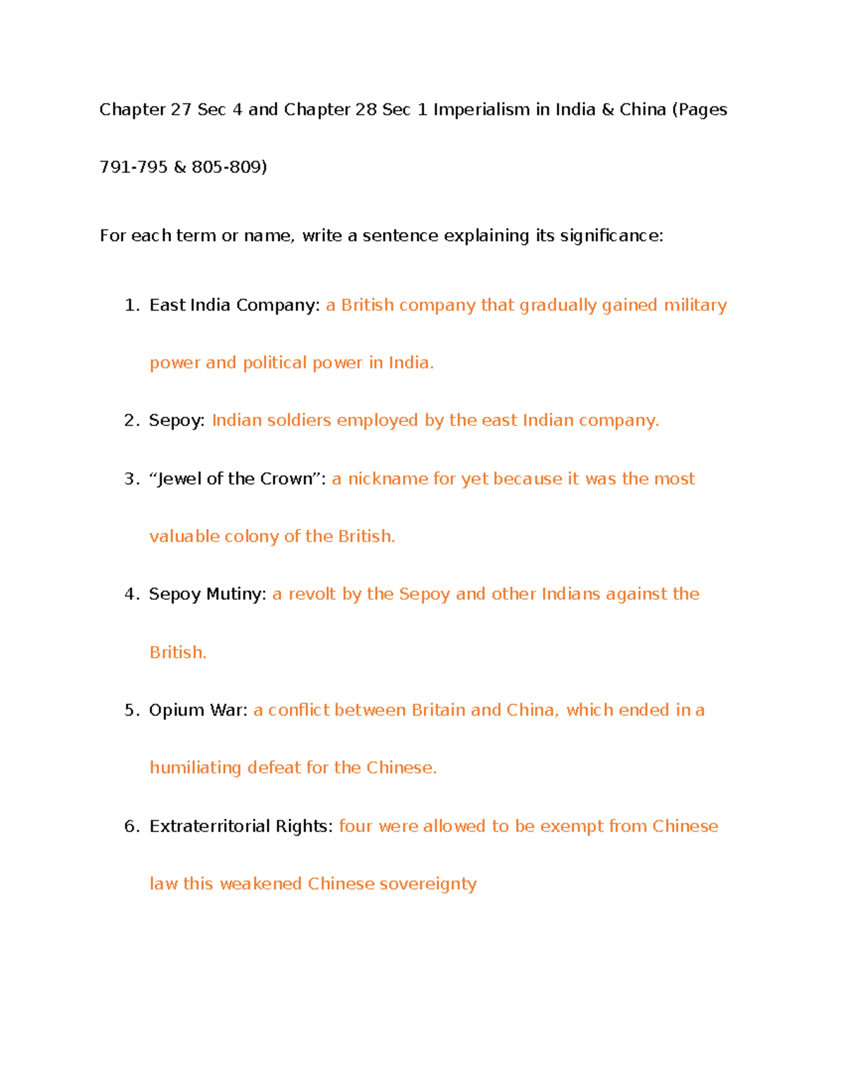 Chapter 27 Sec 4 & 28 Sec 1: Key Terms on Imperialism in India & China ...