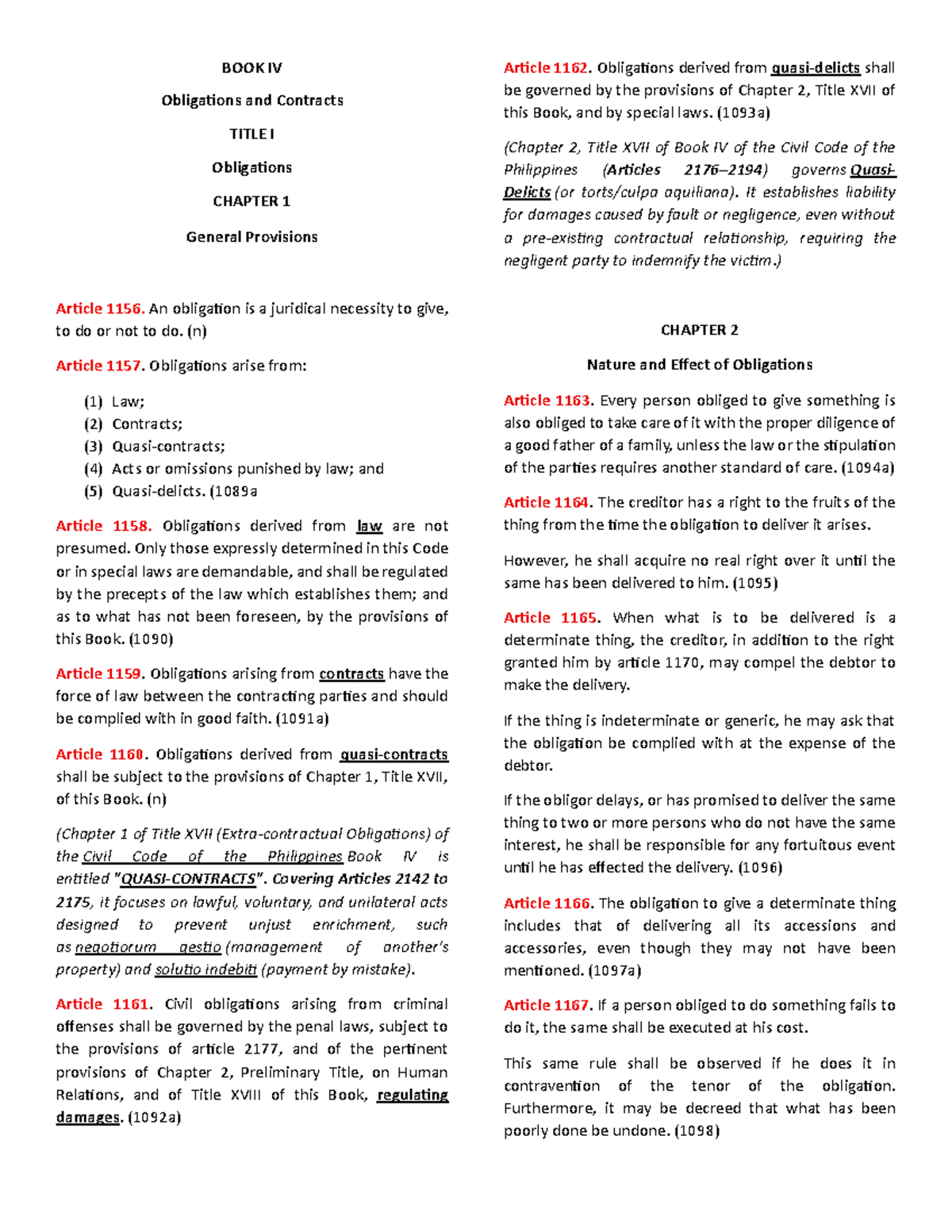 Civil Code Book IV: Obligations & Contracts Articles 1156-1174 - Studocu