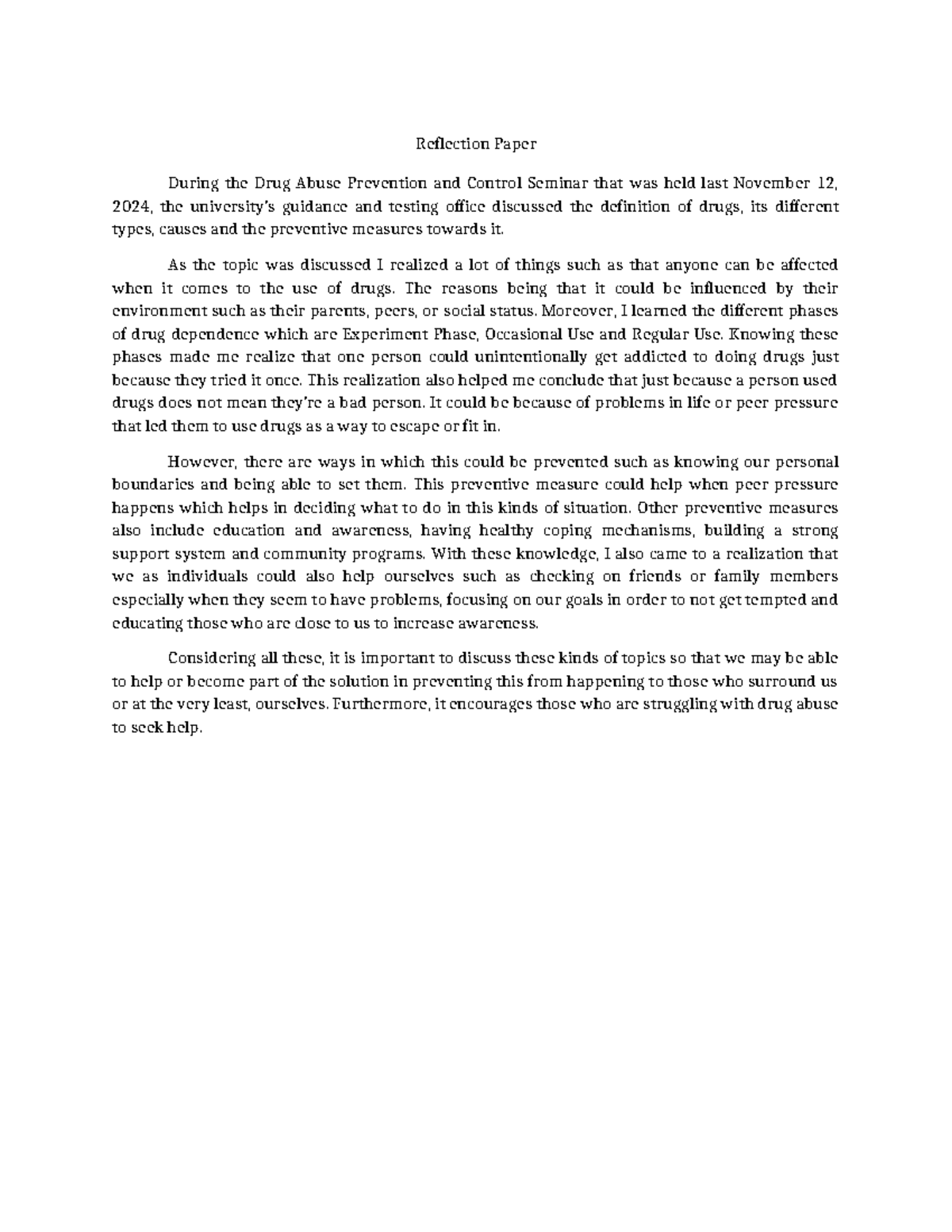 Reflection Paper 2: Insights on Drug Abuse Prevention Strategies - Studocu